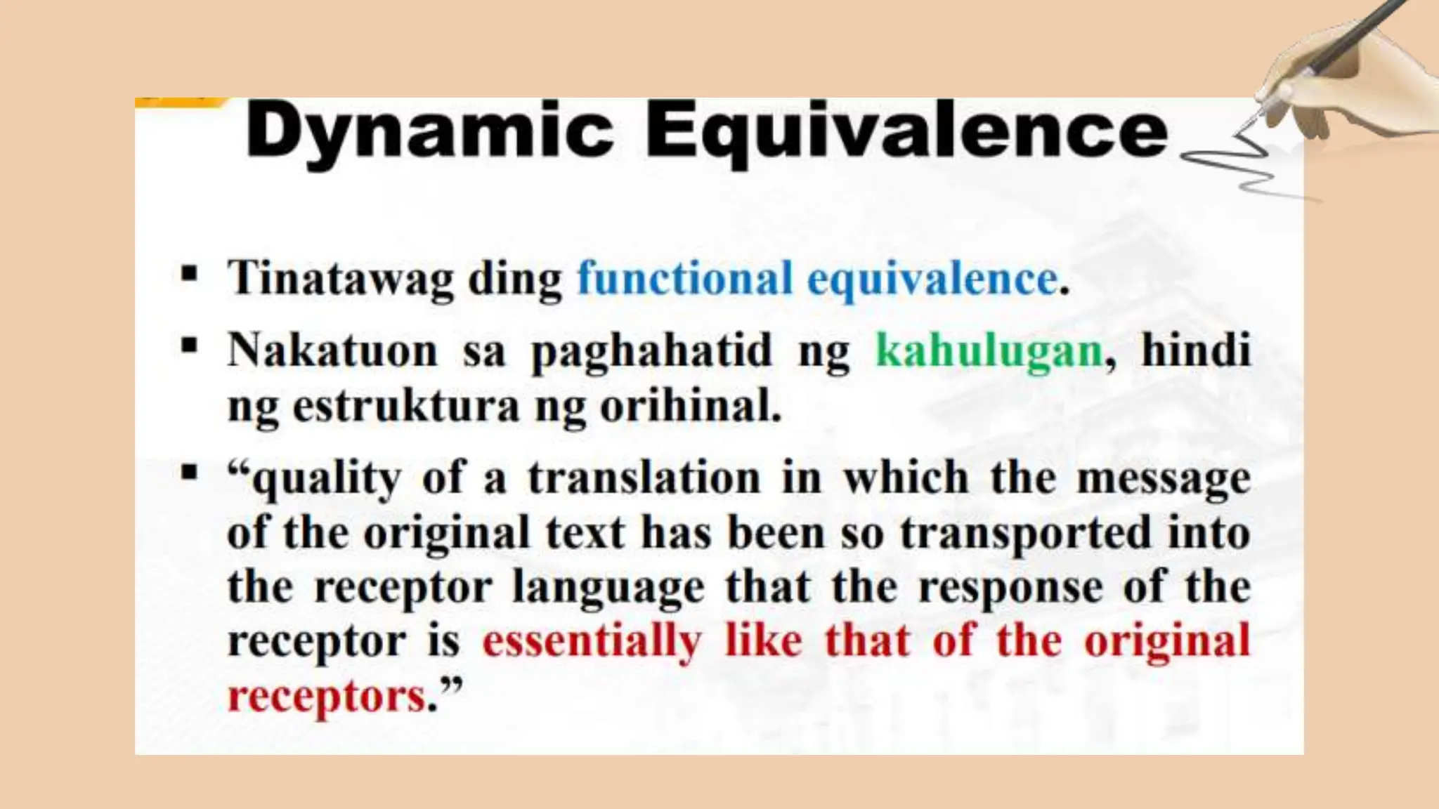 MGA TEORYA SA PAGSASALIN, FORMAL VS DYNAMIC EQUIVALENCE, SEMANTIC VS COMMUNICATIVE TRANSLATION ...