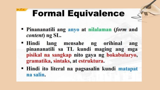 MGA TEORYA SA PAGSASALIN, FORMAL VS DYNAMIC EQUIVALENCE, SEMANTIC VS ...