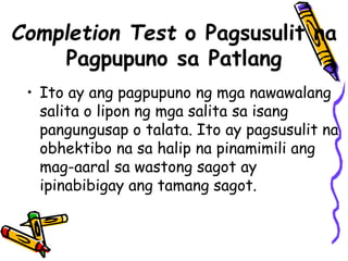 Mga uri ng pagsusulit ayon sa pamamaraan | PPTX