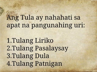 Mga tula uri nito panitikan, awiting bayan dulang entablado, epiko ...