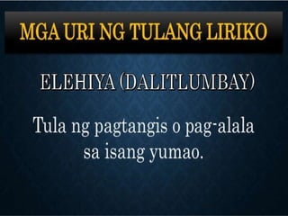 Mga tula uri nito panitikan, awiting bayan dulang entablado, epiko ...
