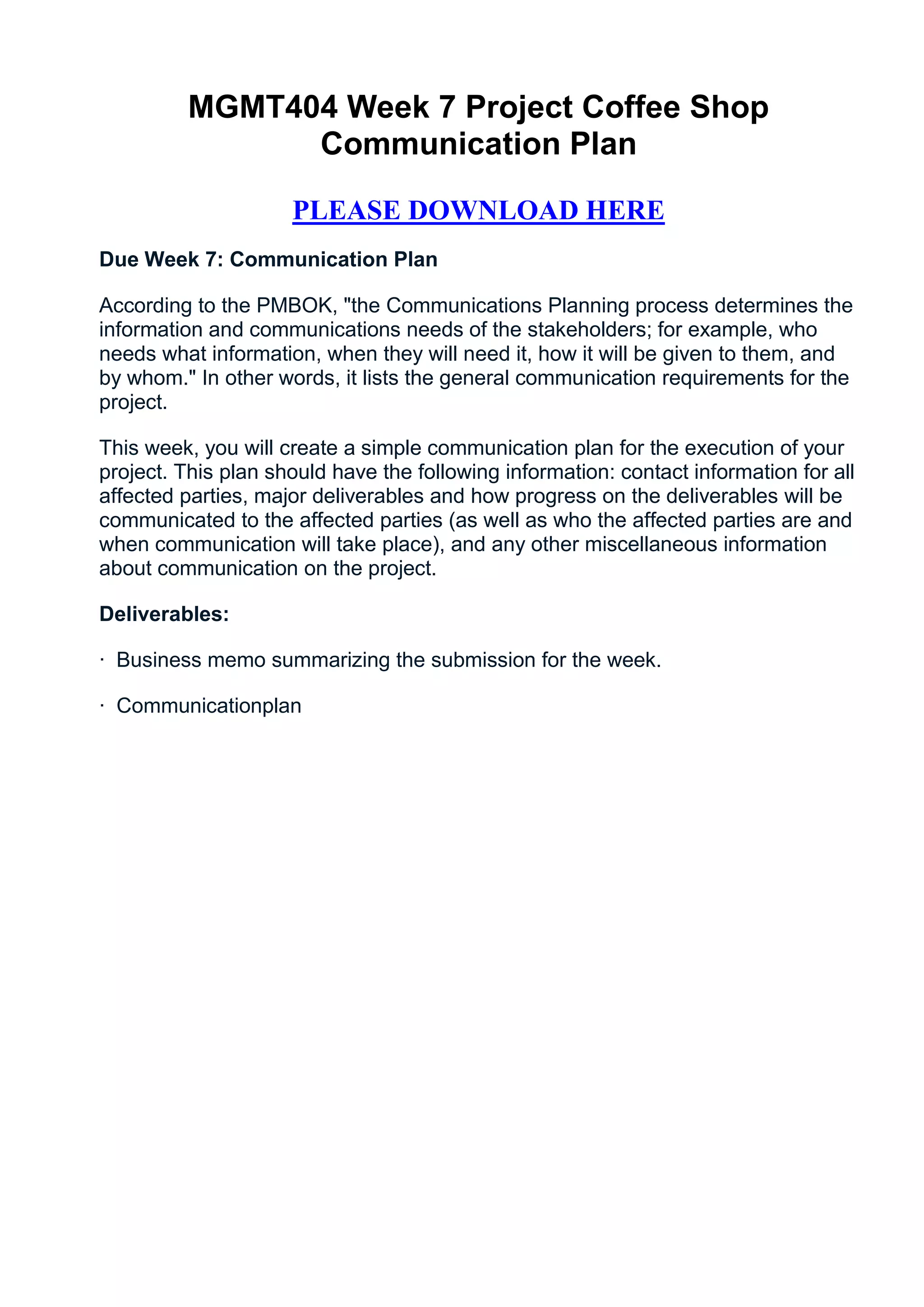 Mgmt404 week 7 project coffee shop communication plan | DOCX