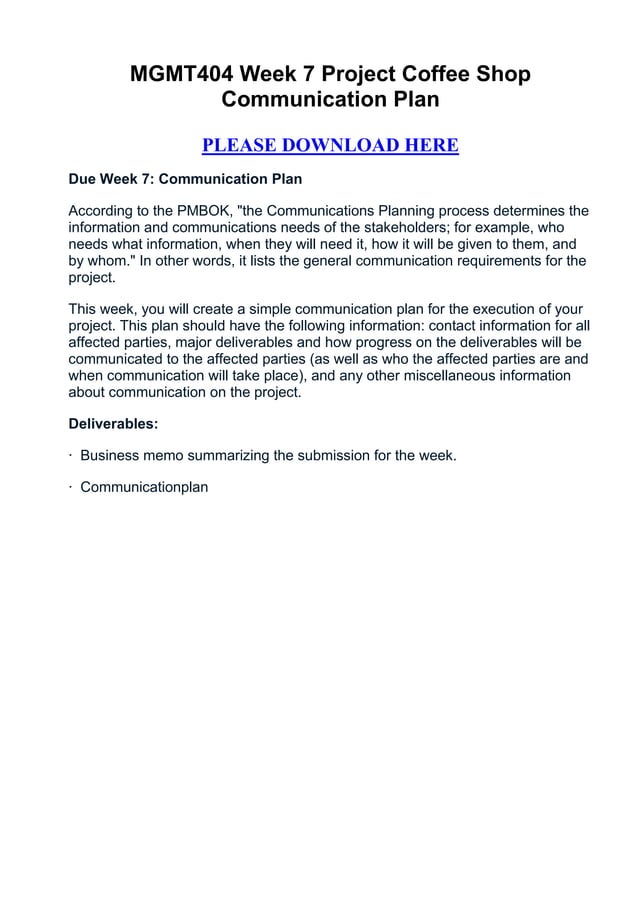 Mgmt404 week 7 project coffee shop communication plan | DOCX