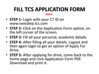 TCS application form for placement drive. | PPTX | Technology & Computing