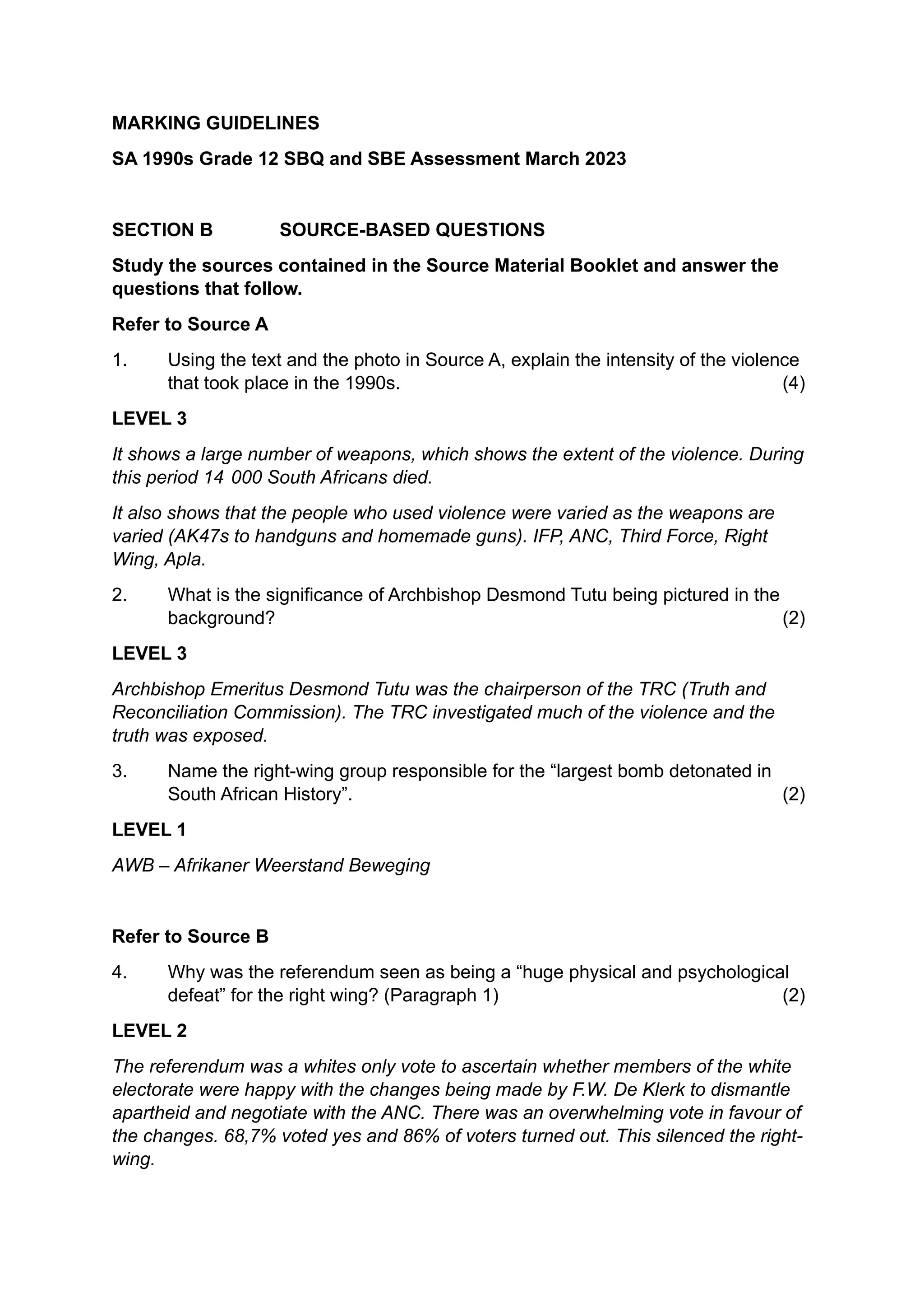 Marking Guidelines on the Source Based Questions and Essay SA 1990s | DOCX