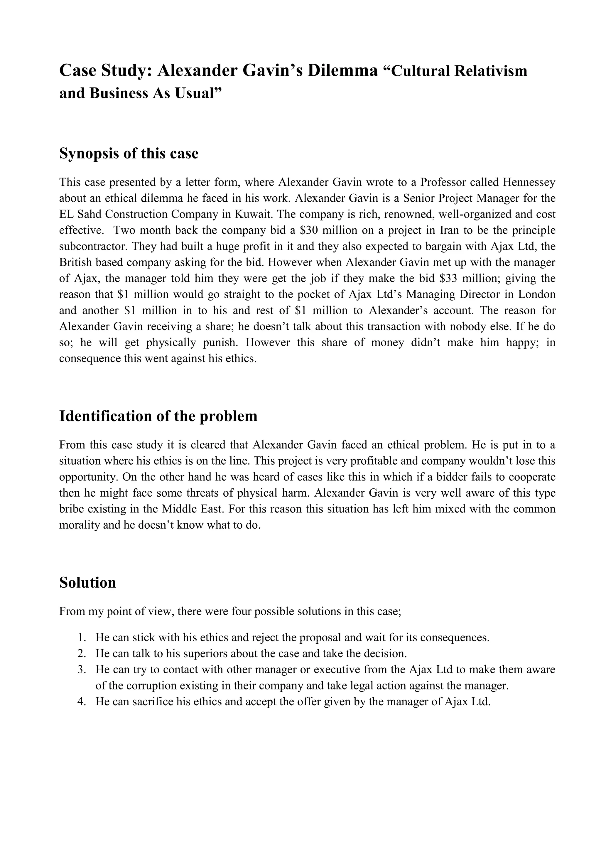 Case Study: Alexander Gavin’s Dilemma “Cultural Relativism and Business ...