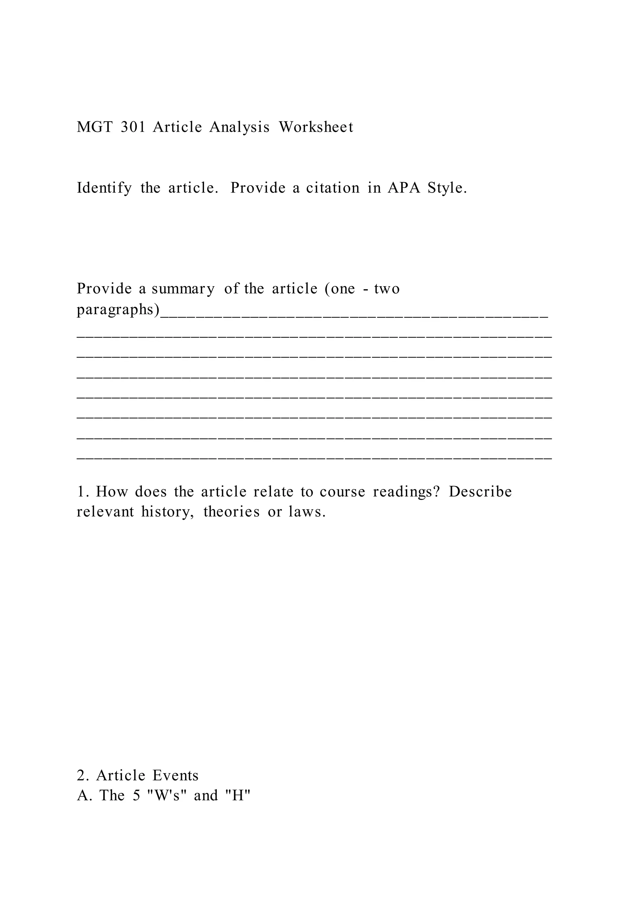 MGT 301 Article Analysis WorksheetIdentify the article. Pro | PDF