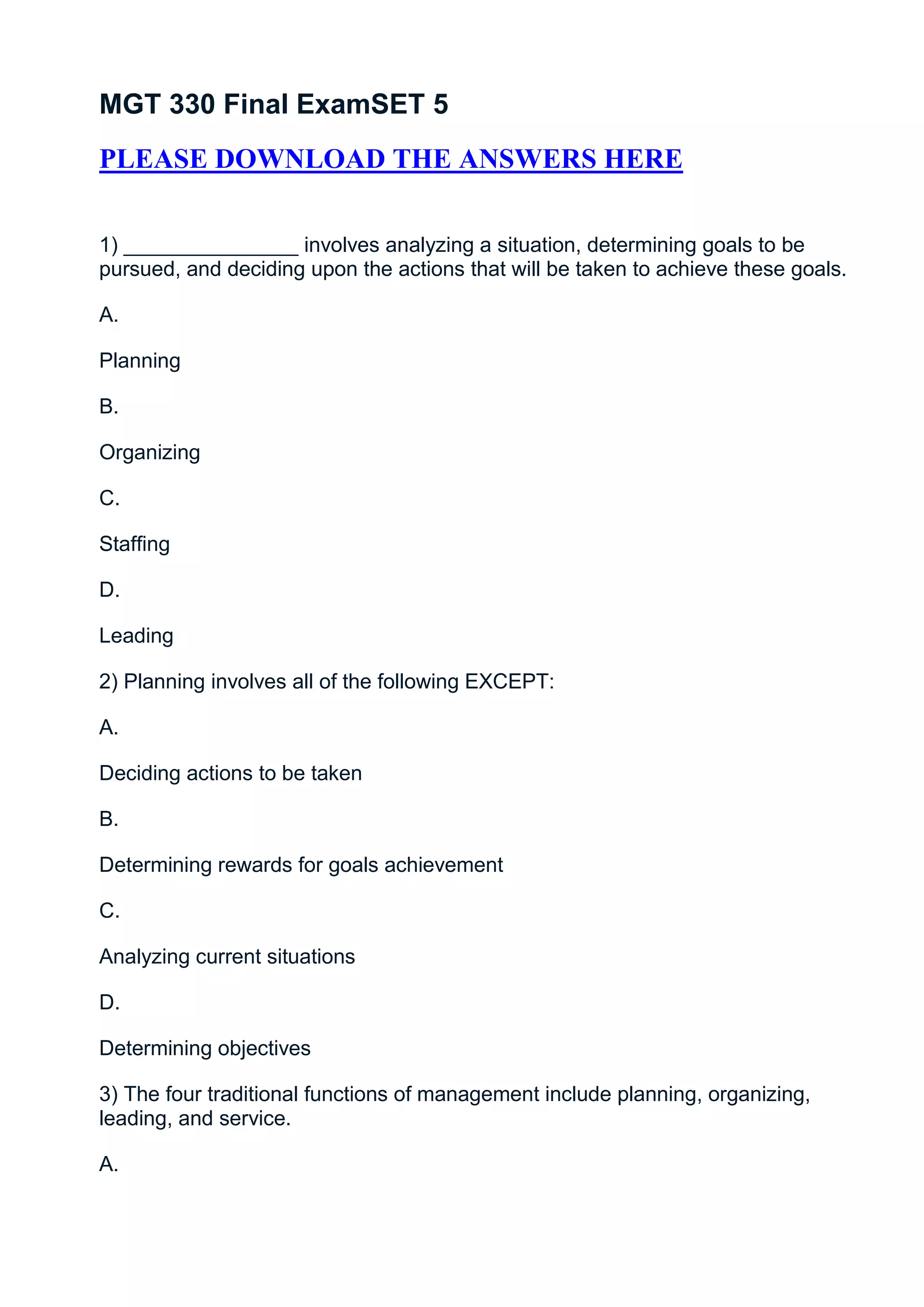 Mgt 330 final exam set 5 | PDF