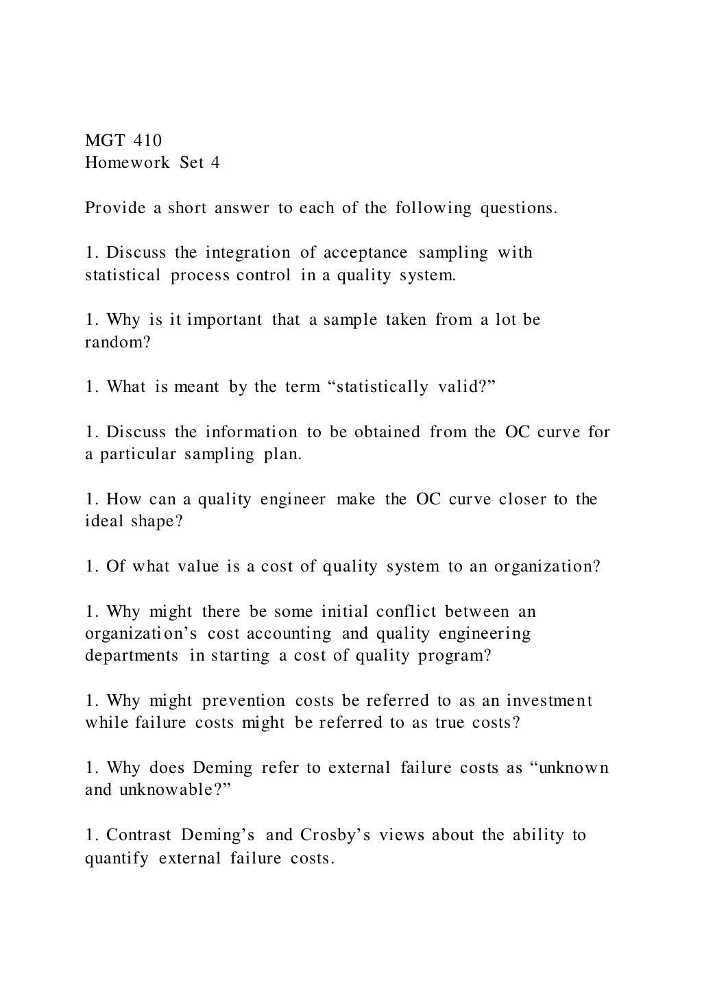 MGT 410Homework Set 4Provide a short answer to each of the f | DOCX