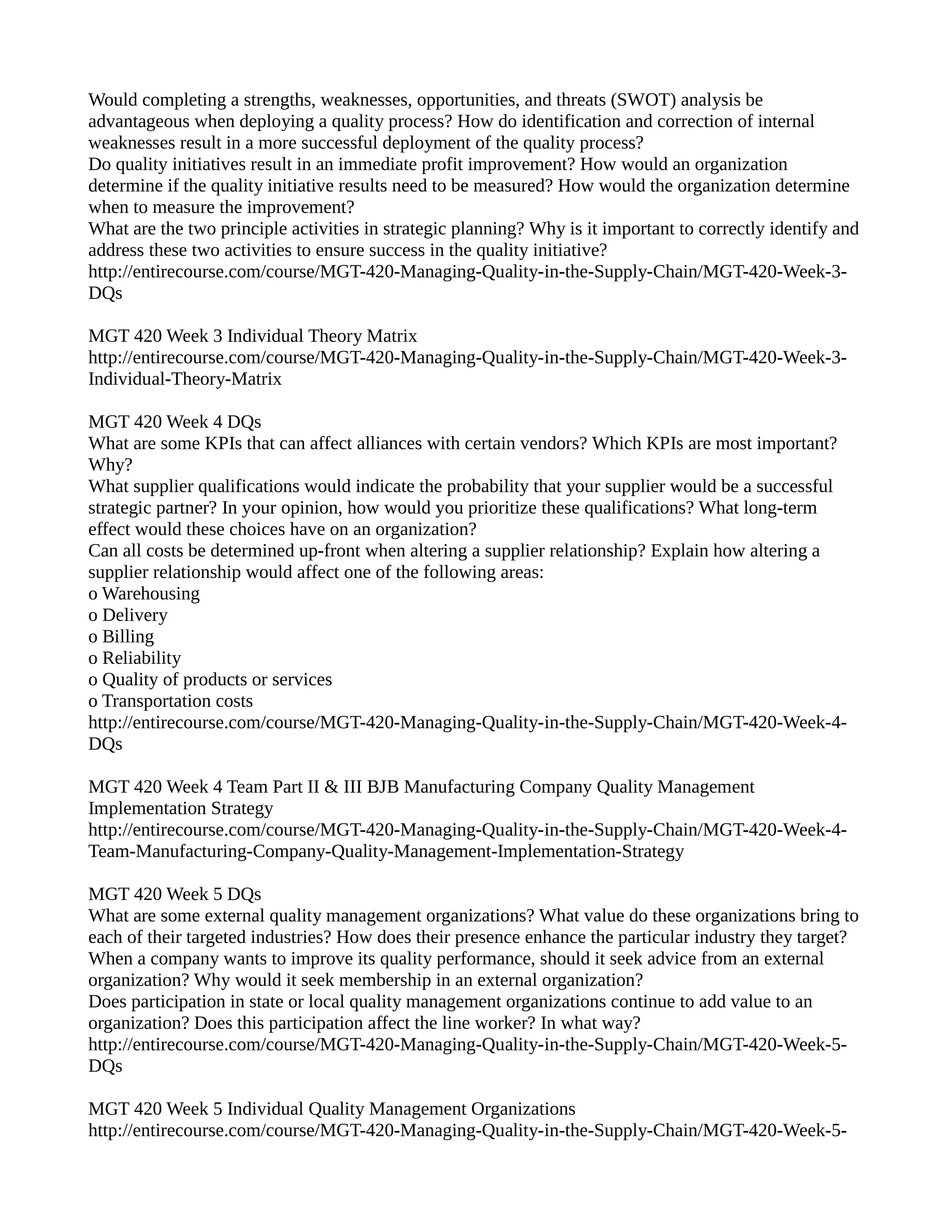 MGT 420 (Managing Quality in the Supply Chain - entirecourse.com) | PDF