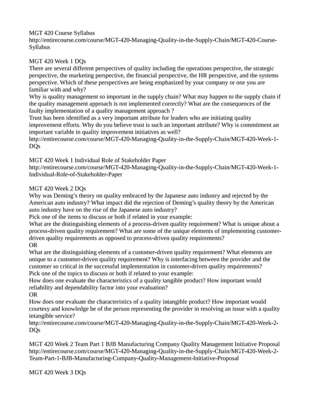 MGT 420 (Managing Quality in the Supply Chain - entirecourse.com) | PDF