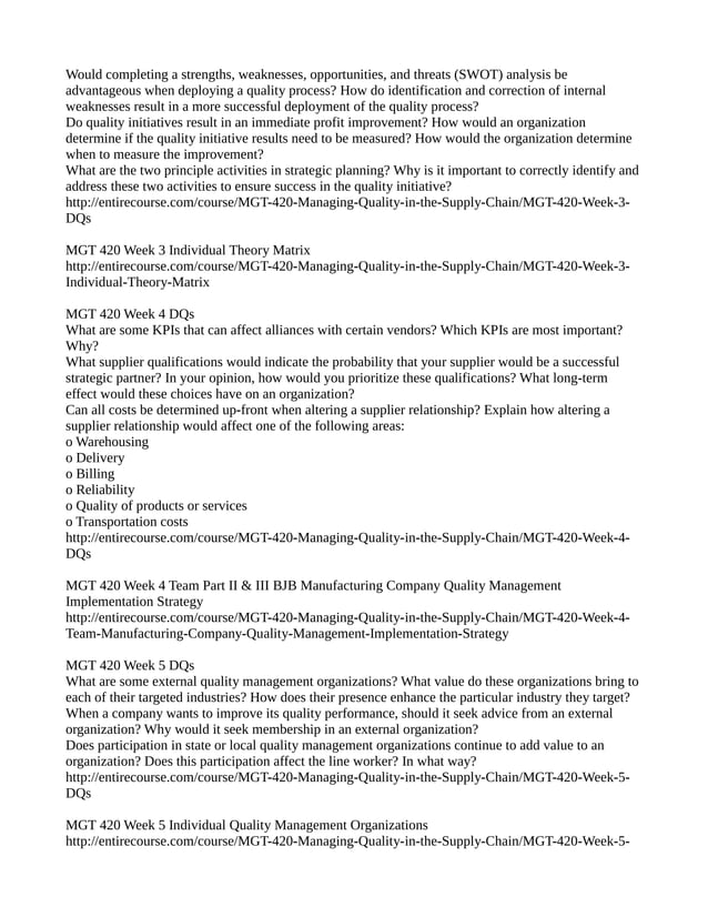 MGT 420 (Managing Quality in the Supply Chain - entirecourse.com) | PDF