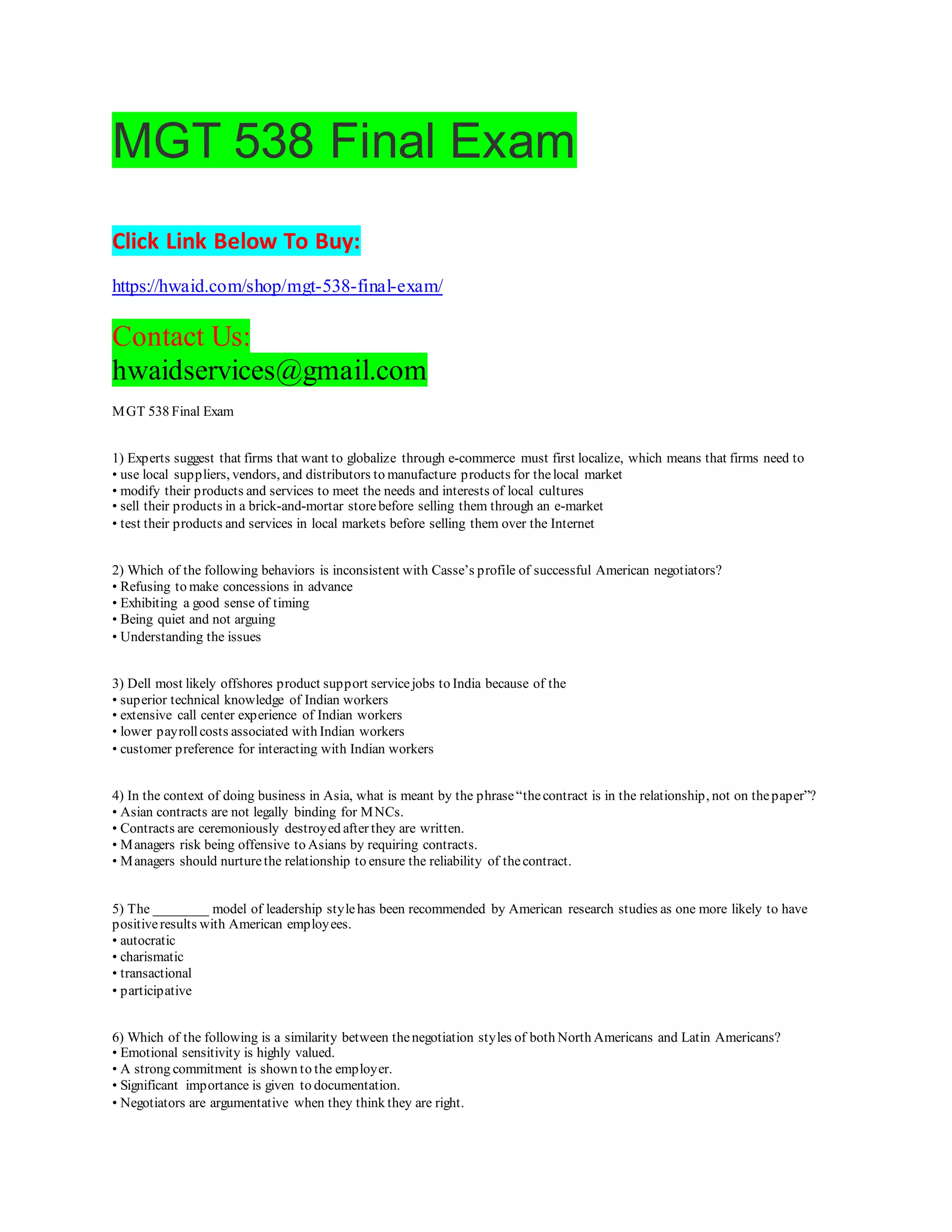 Mgt 538 final exam | DOCX