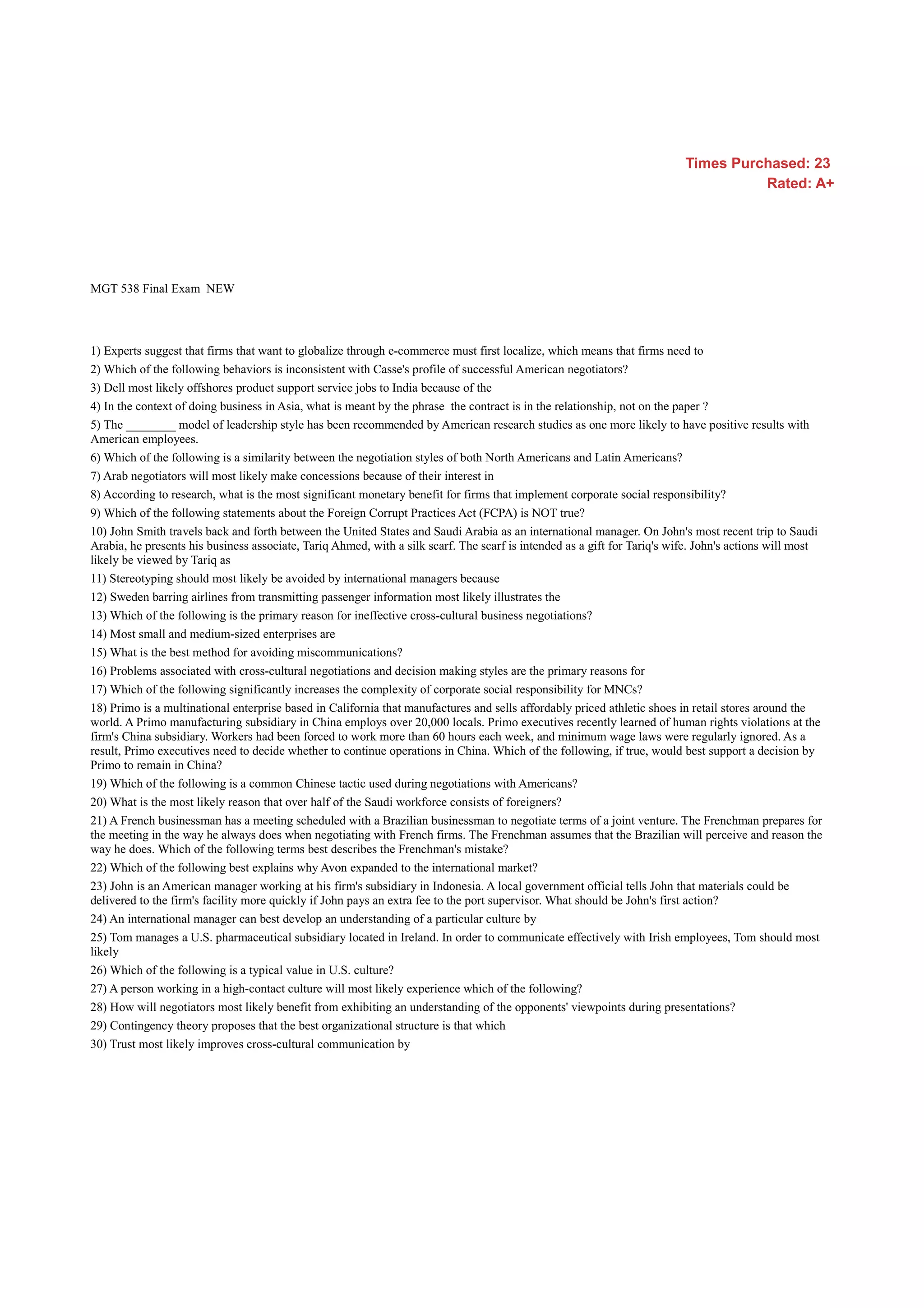 Mgt 538 final exam new | ODT