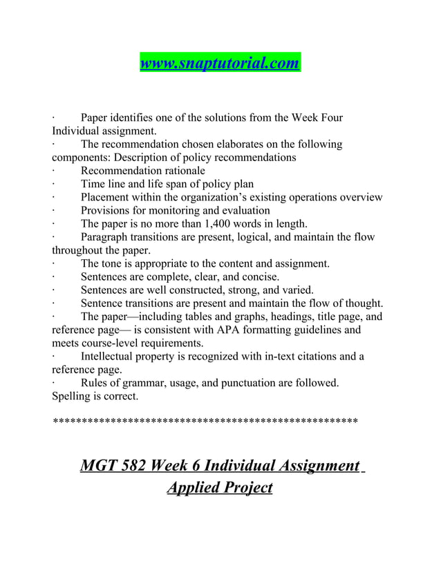 MGT 582 Massive Success / snaptutorial.com