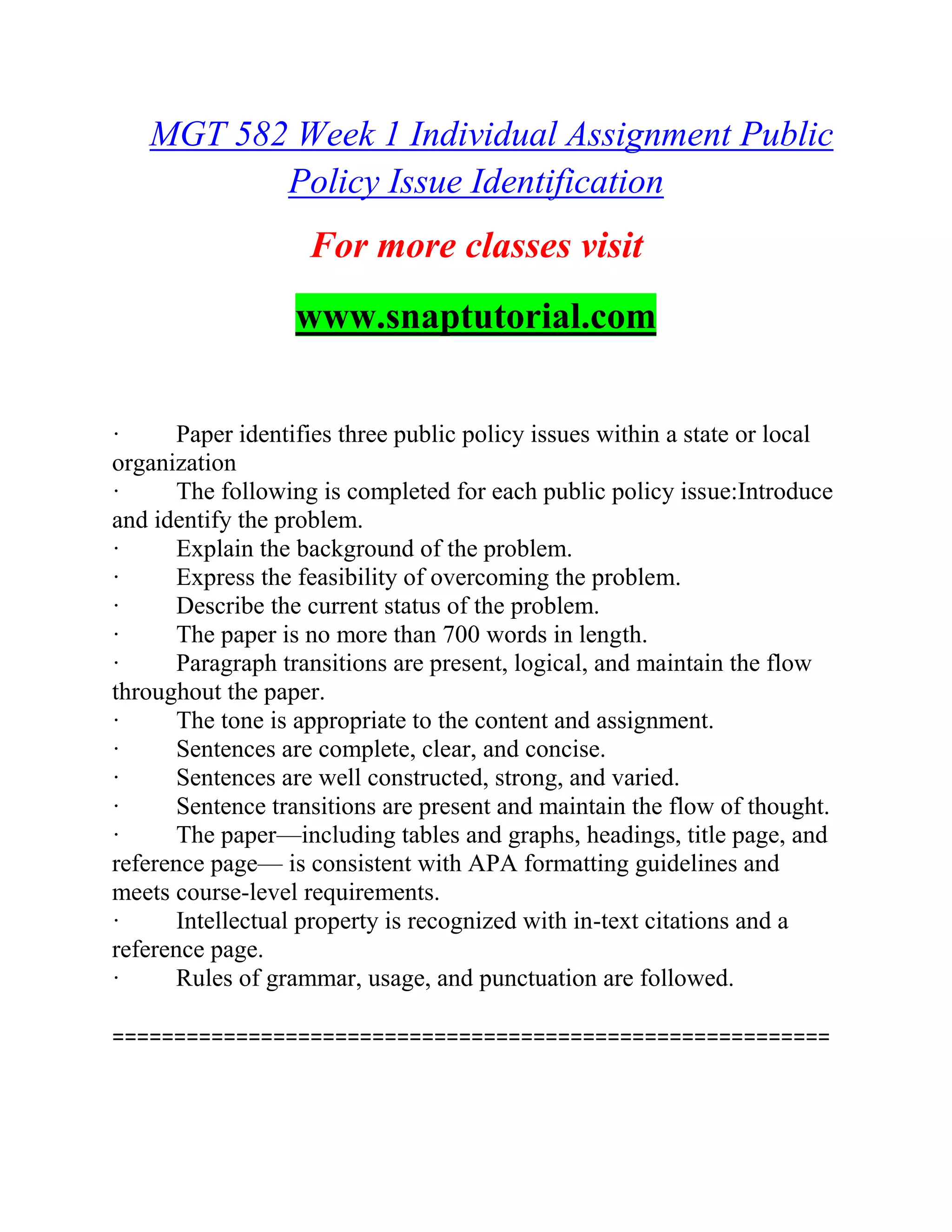 MGT 582 help A Guide to career/Snaptutorial | PDF