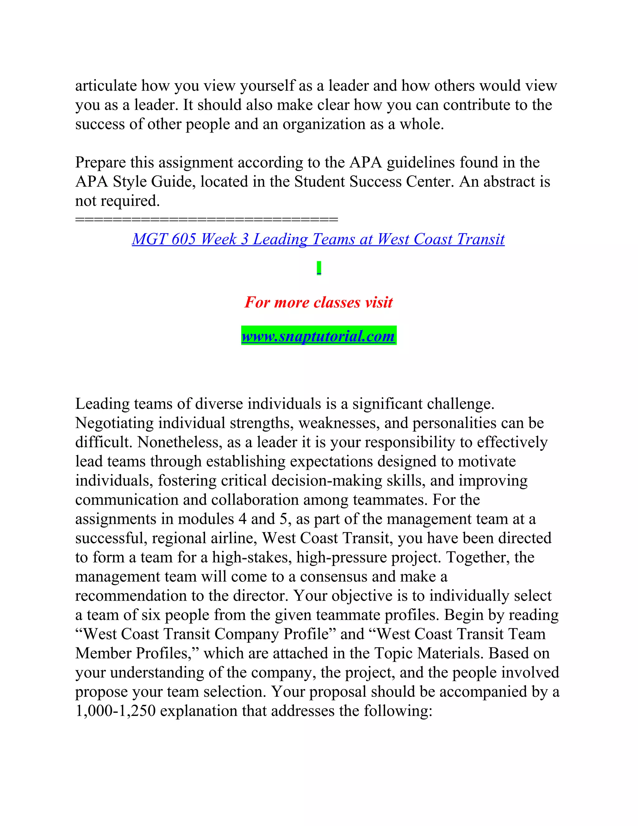 MGT 605 Massive Success / snaptutorial.com