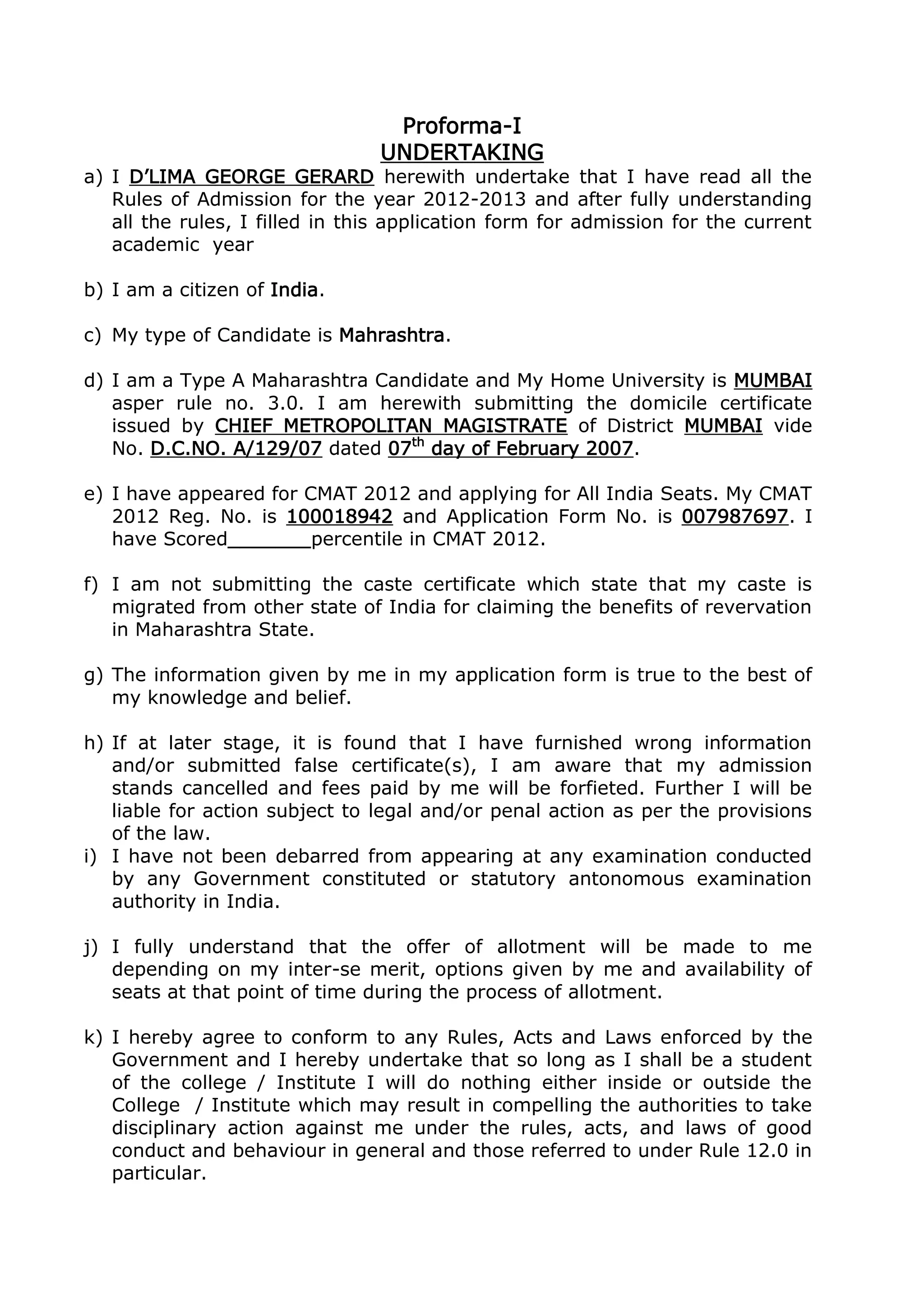 Mh cet proforma i | DOCX