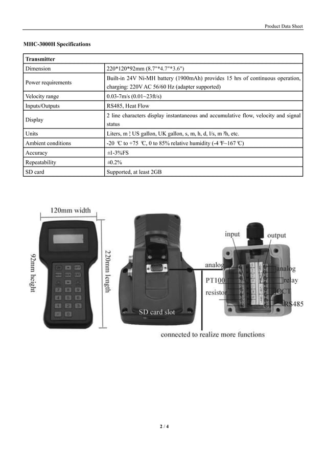 MHC-3000 Handheld ultrasonic flow meter data sheet | PDF