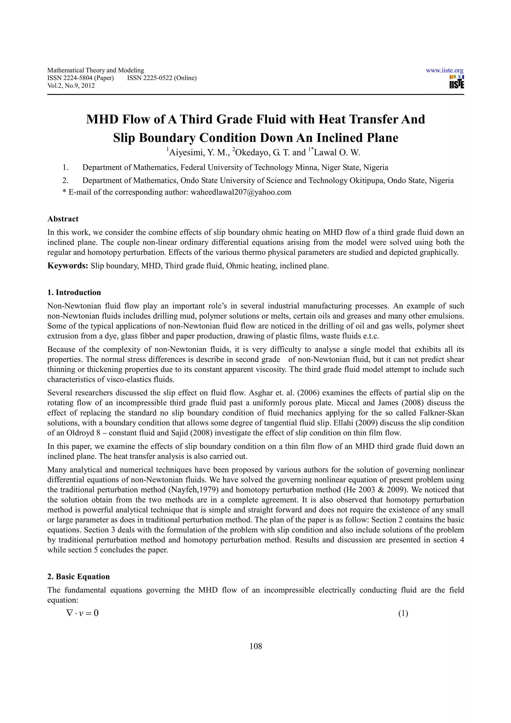 Mhd flow of a third grade fluid with heat transfer and | PDF