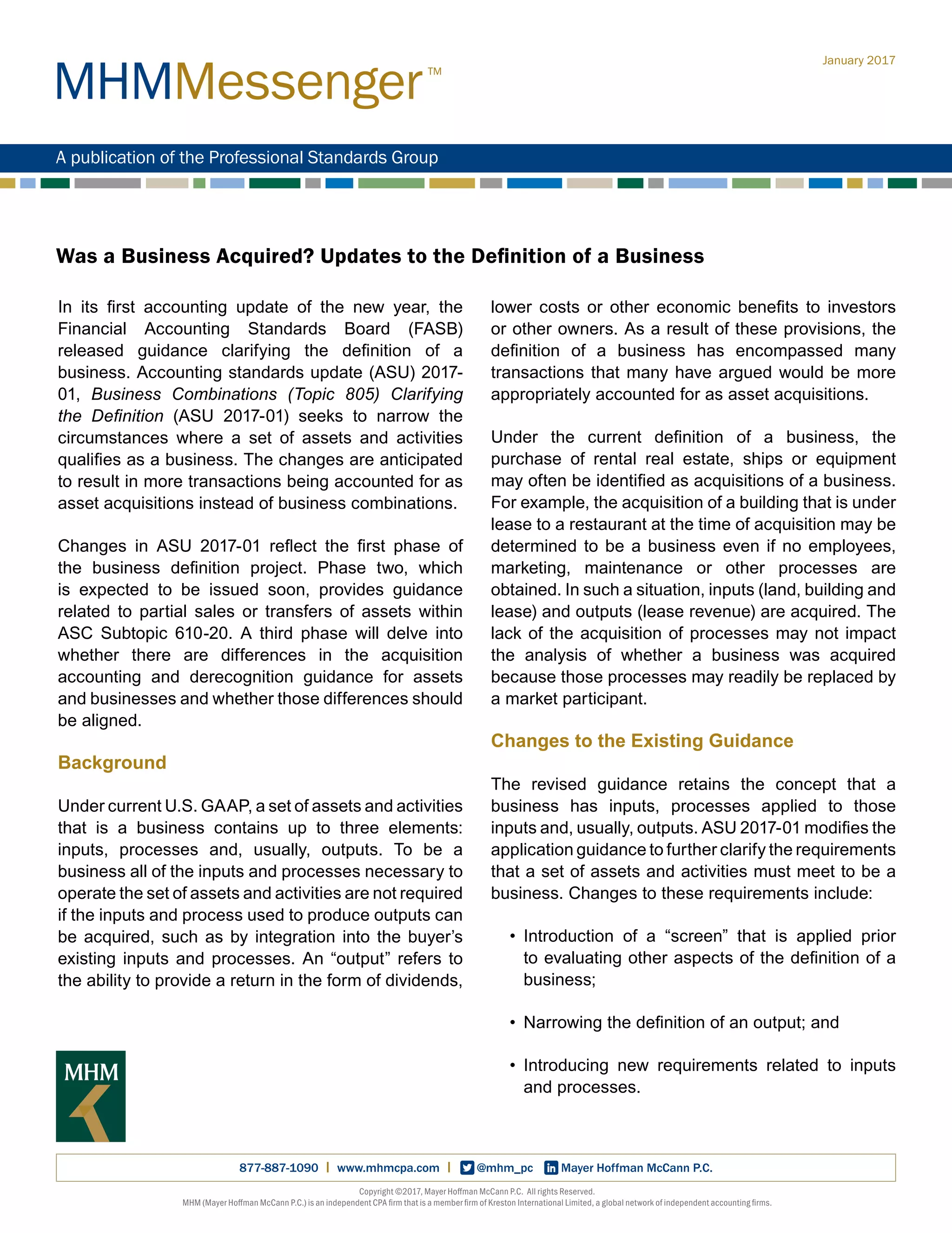 Was a Business Acquired? Updates to the Definition of a Business | PDF