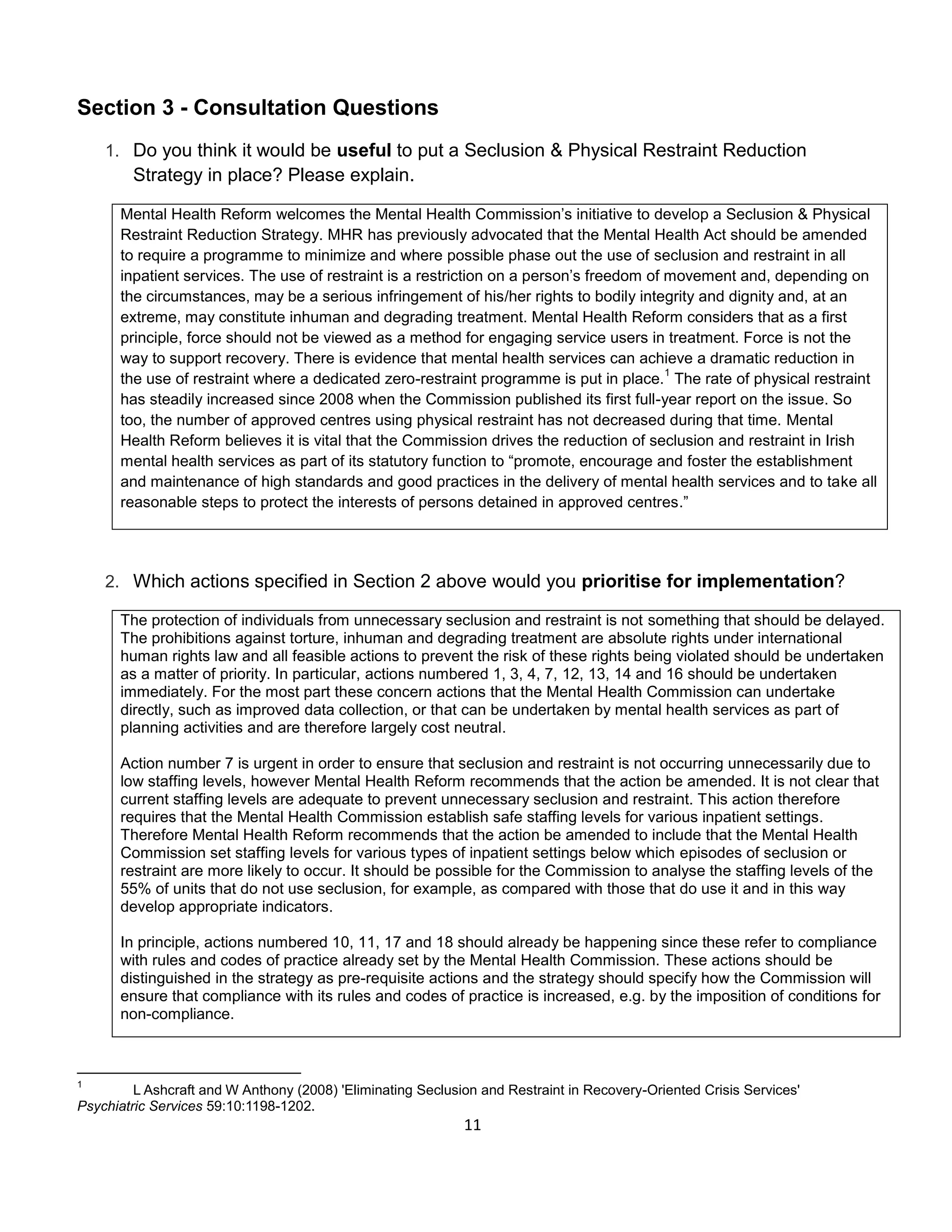 Mhr submission to the mhc on seclusion and restraint reduction strategy final | PDF