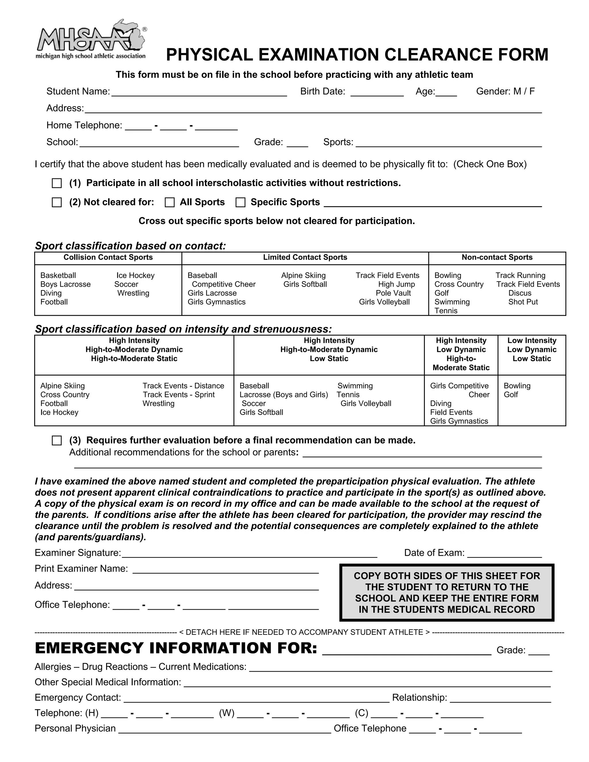 Mhsaa physical form 2013 | PDF