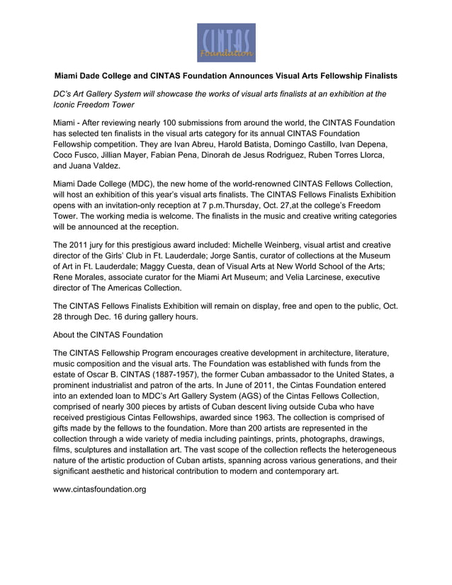 Miami Dade College and CINTAS Foundation Announces Visual Arts ...