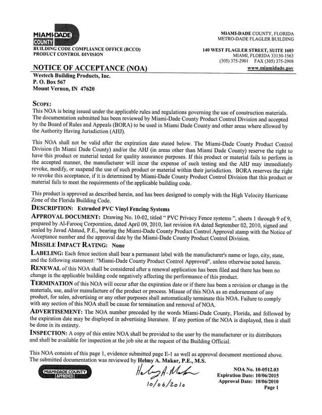 Guideline Requirements for NOA Compliance - Vinyl-Craft | PDF