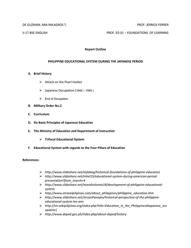 Philippine educational system-Japanese period outline | DOCX