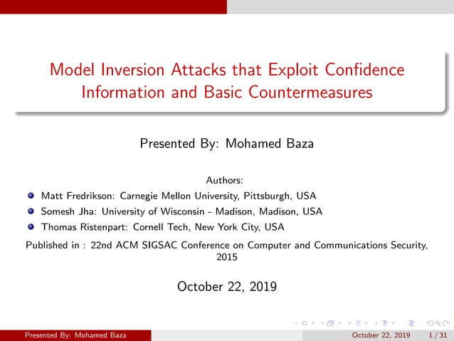 Model Inversion attack exploiting confidence intervals | PPT
