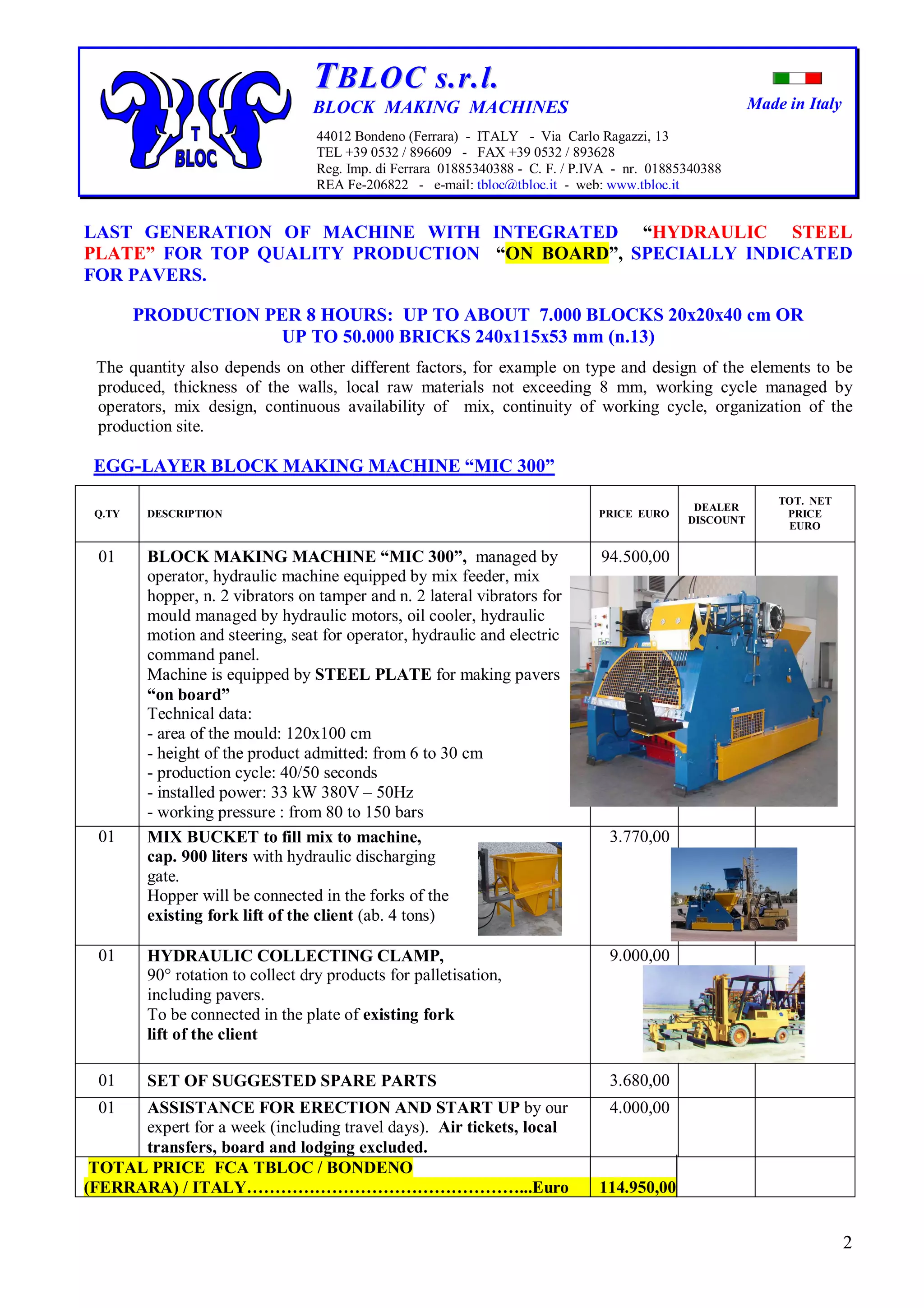 EGG-LAYER, HYDRAULIC AND POLYVALENT BLOCK MACHINE MODEL “ MIC 300 ” | PDF