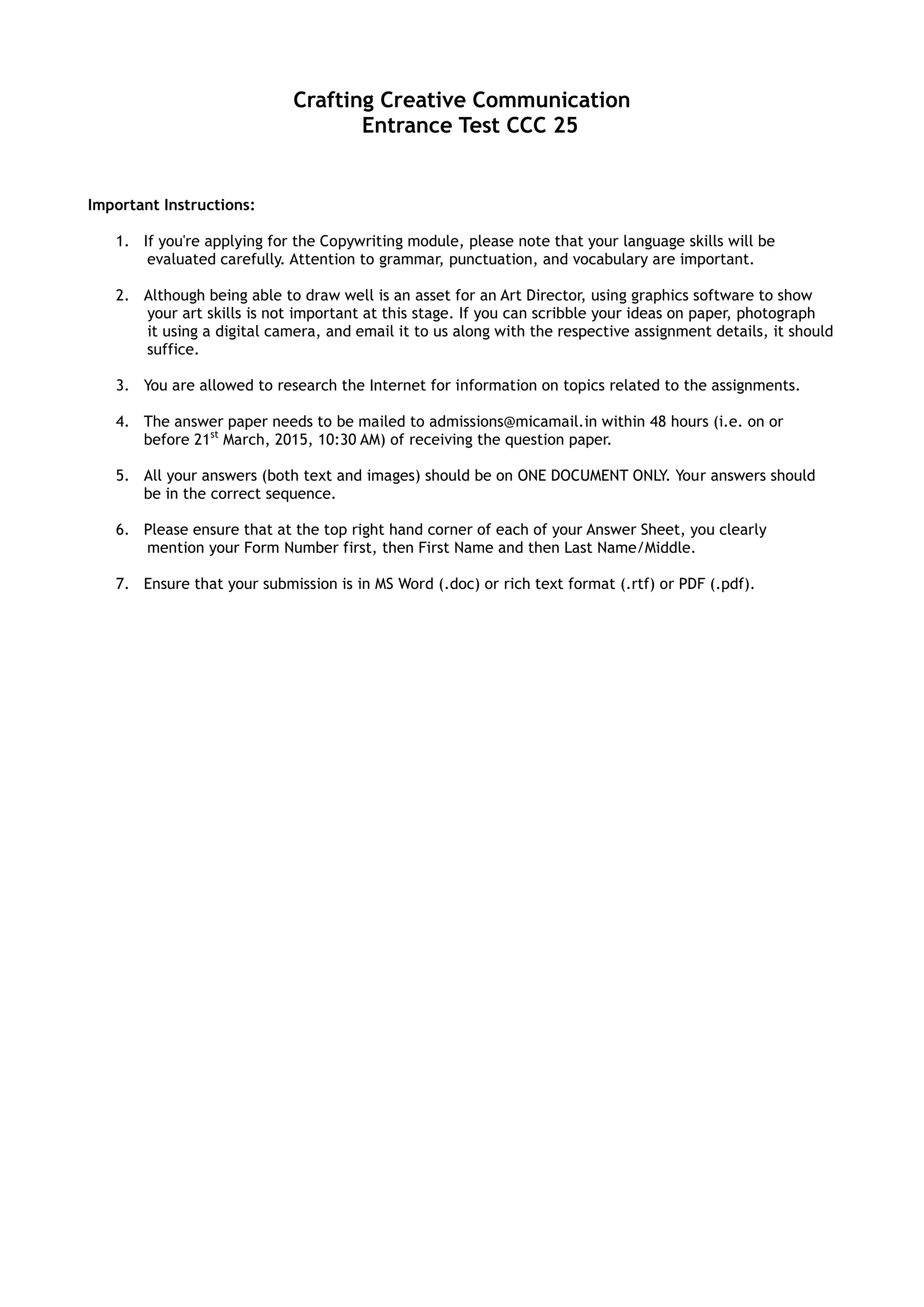 Crafting Creative Communications- Mica 25 question paper | PDF