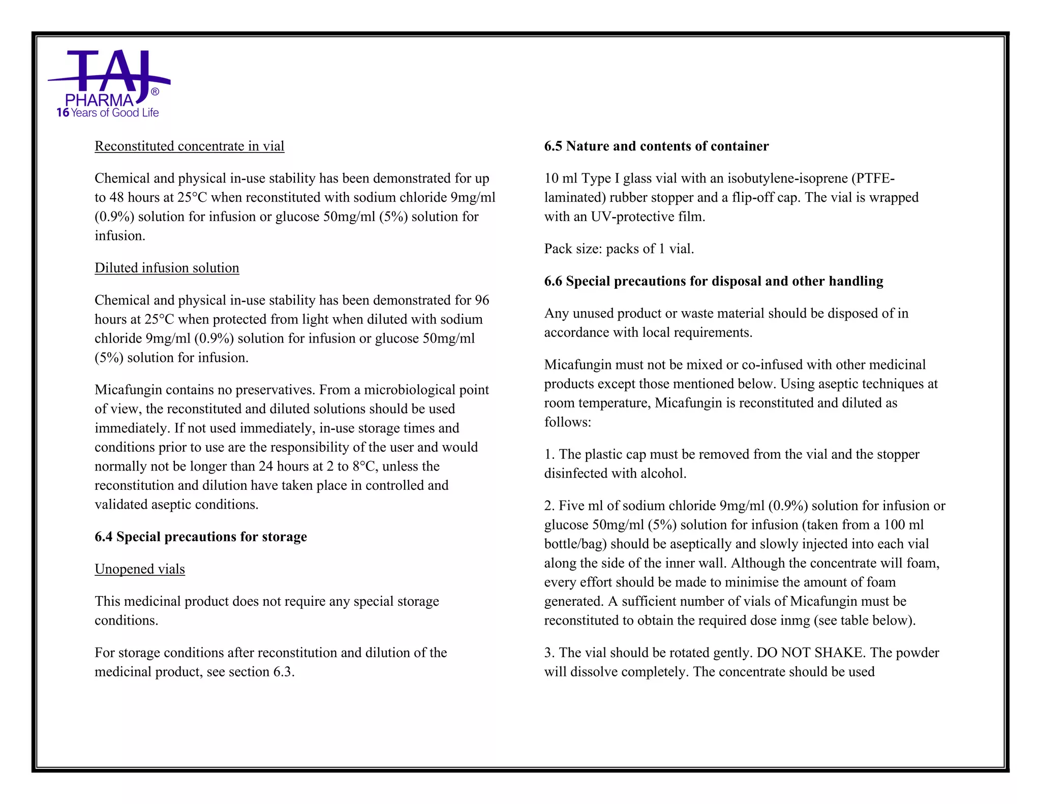Micafungin for Injection Taj Pharma SmPC | PDF