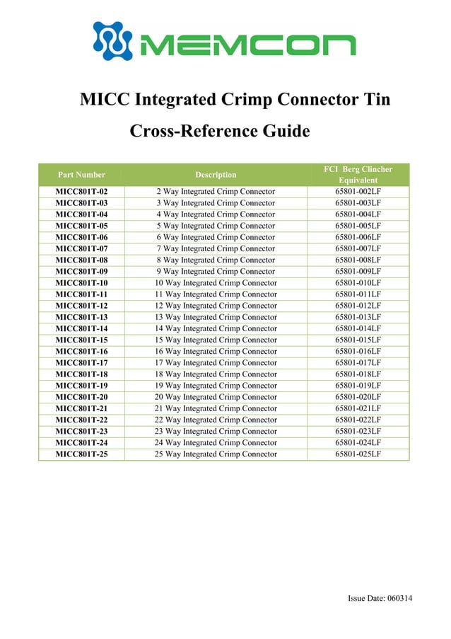 Memcon Micc integrated crimp connector tin cross reference guide | PDF