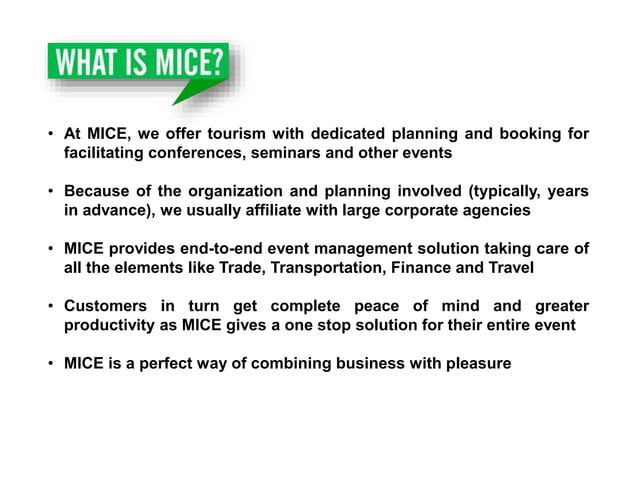 MICE - Meeting Incentive Conference Exhibition | PPTX | Business Travel ...