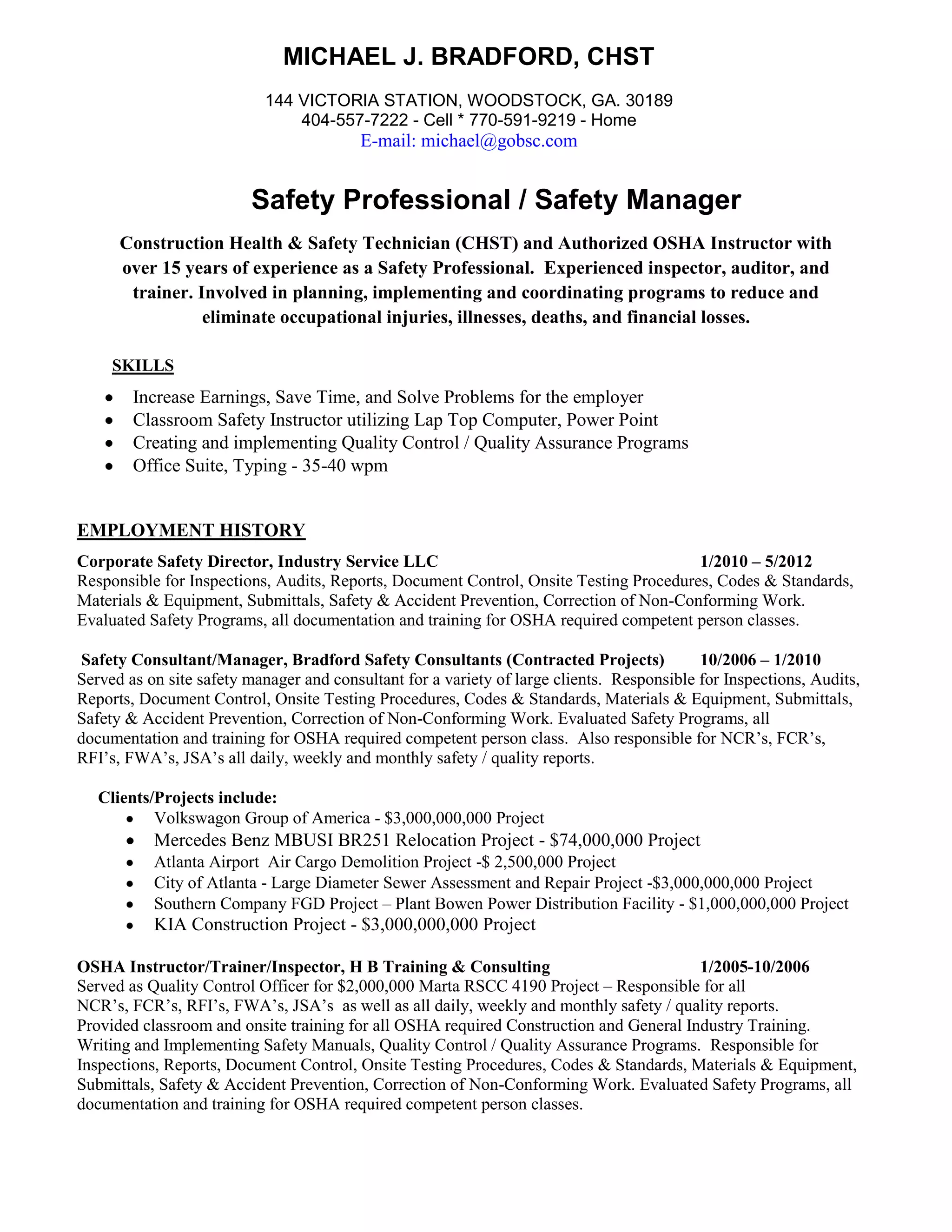 Michael bradford, CHST, AHSM Safety Professional Resume | DOCX