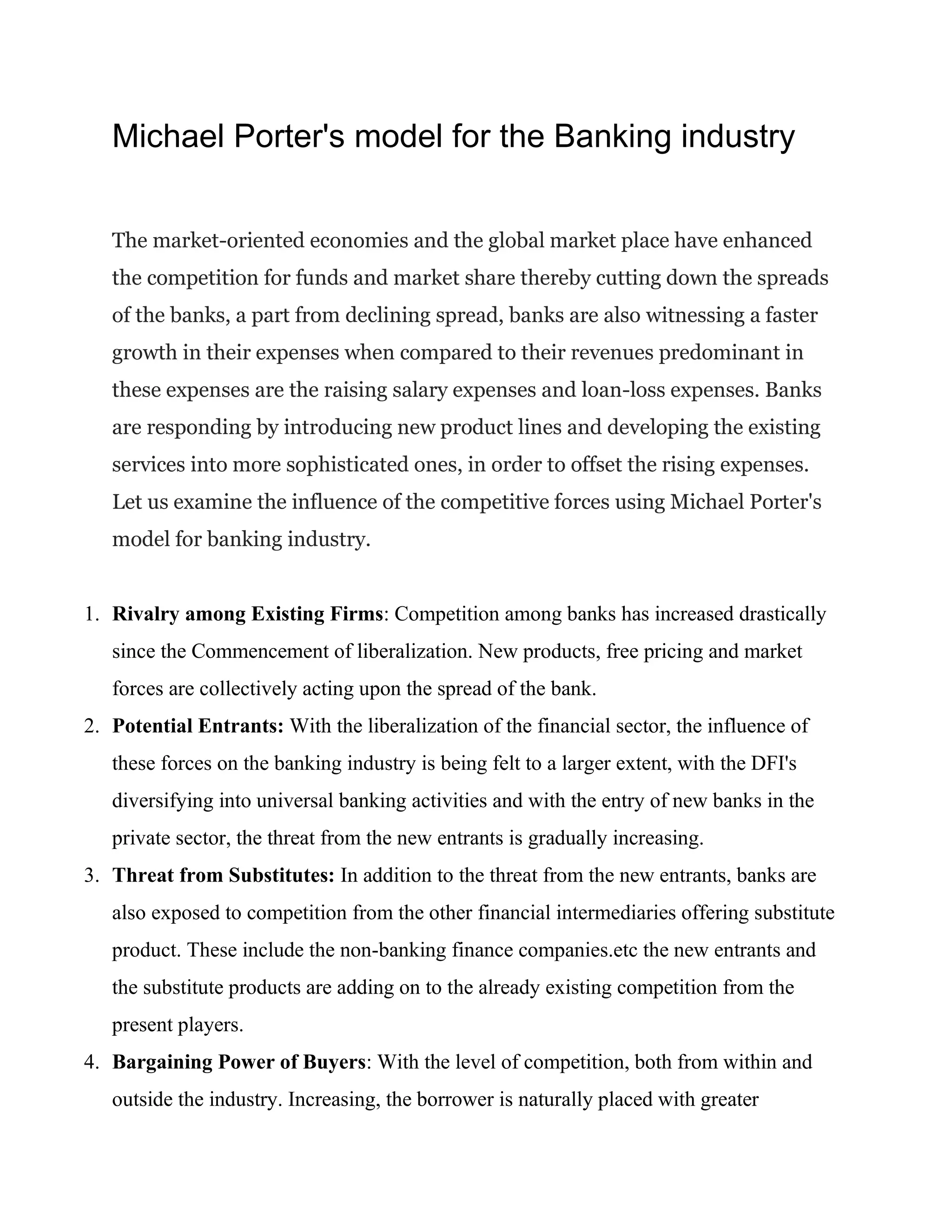 Michael Porter's model for the Banking industry | PDF
