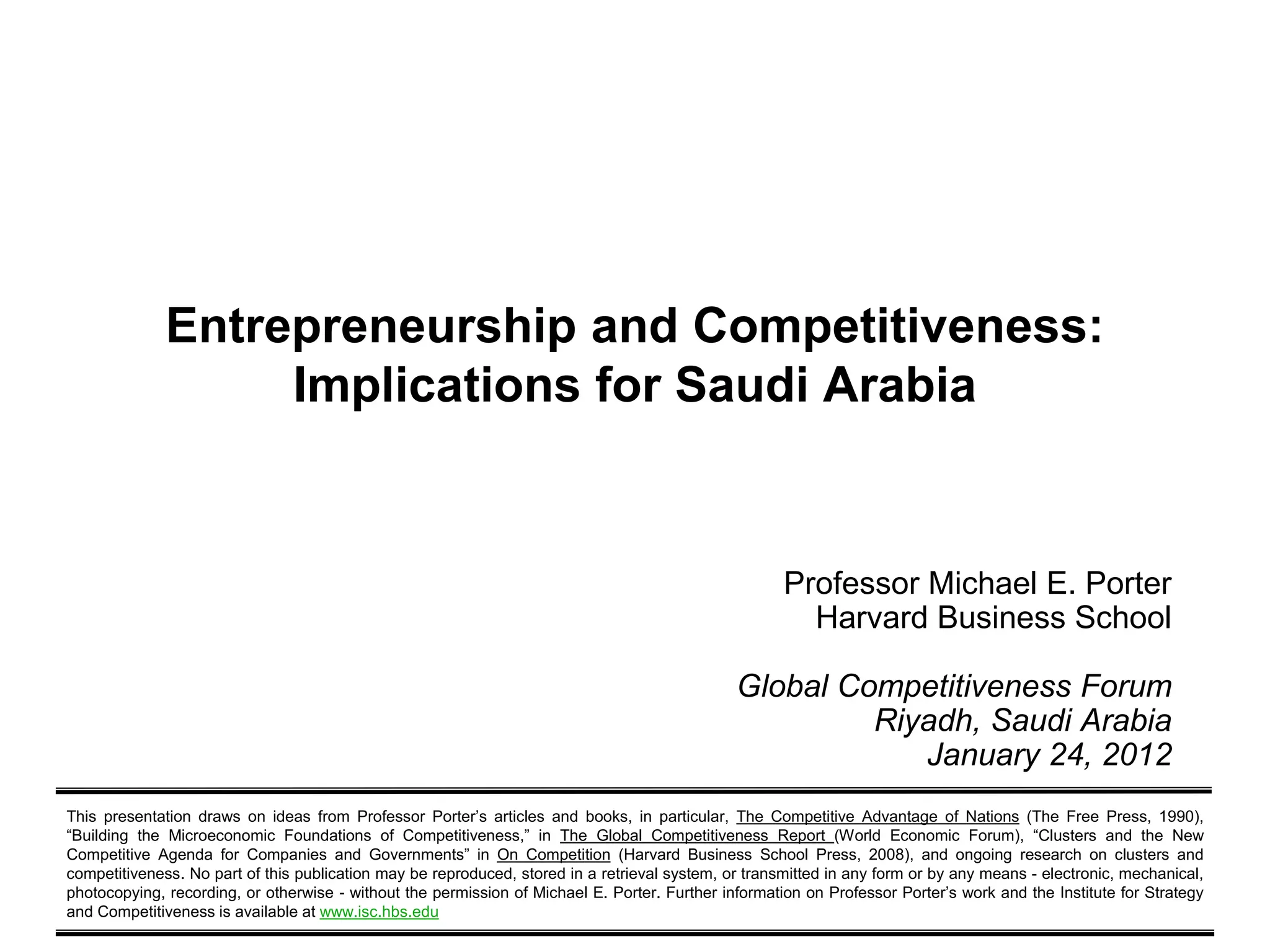 Michael Porter, Entrepreneurship and Competitiveness, GCF2012 Presentation | PDF