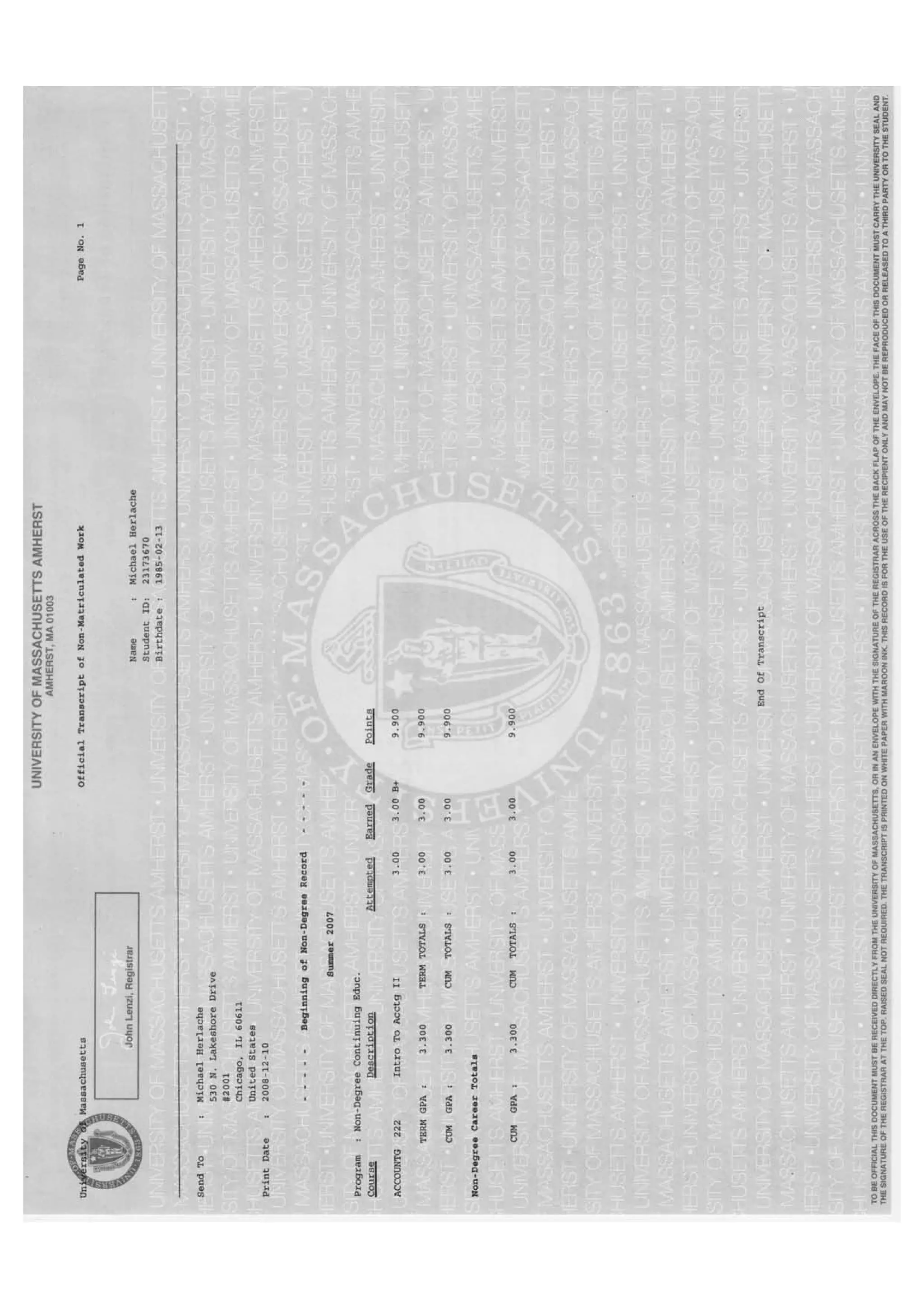 Michael Herlache Undergraduate Transcripts - Cum Laude - University of Massachusetts at Amherst ...
