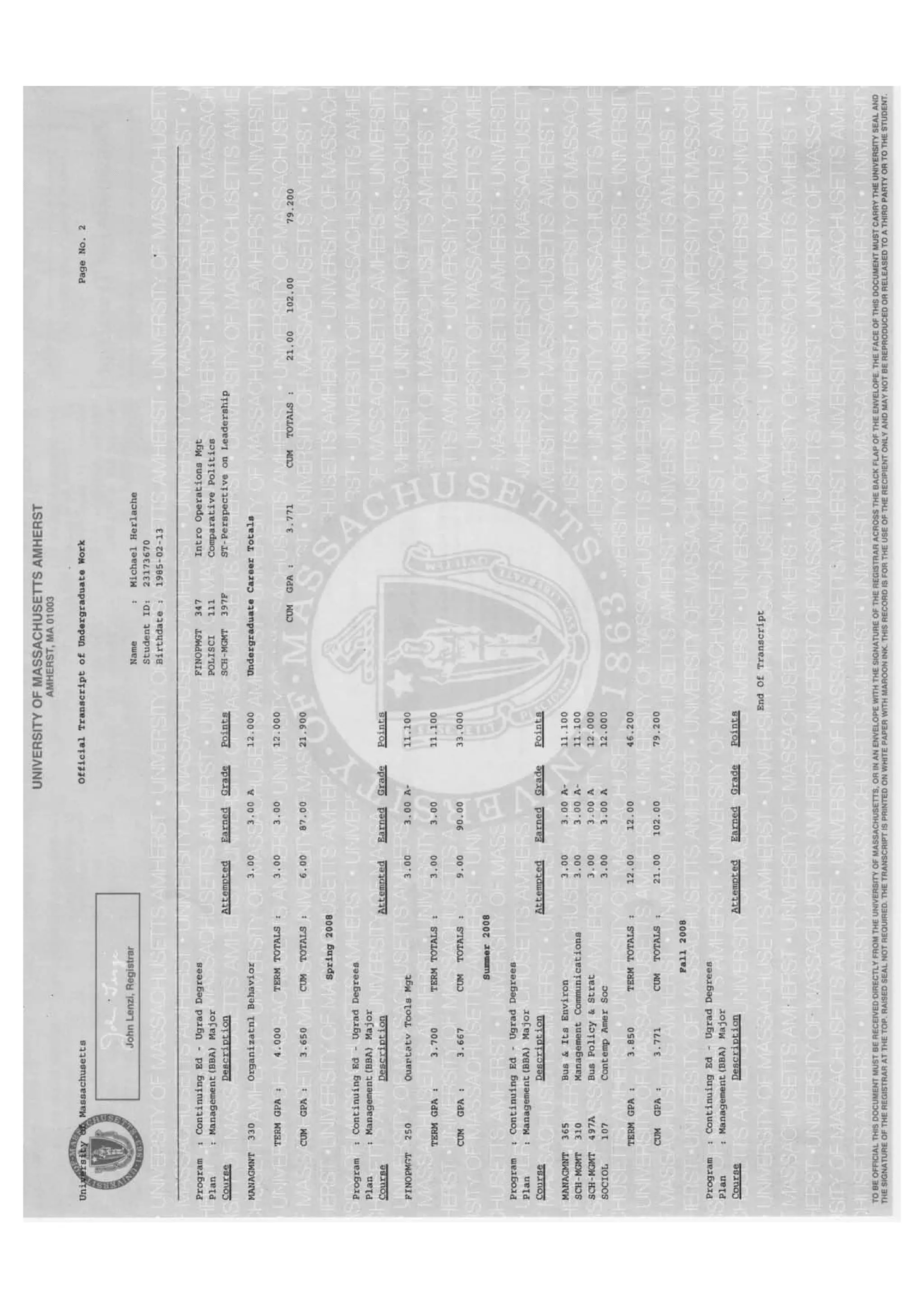 Michael Herlache Undergraduate Transcripts - Cum Laude - University of Massachusetts at Amherst ...