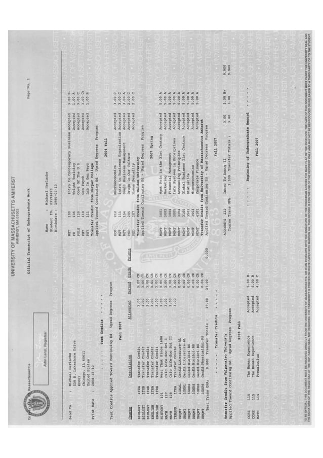 Michael Herlache Undergraduate Transcripts - Cum Laude - University of Massachusetts at Amherst ...