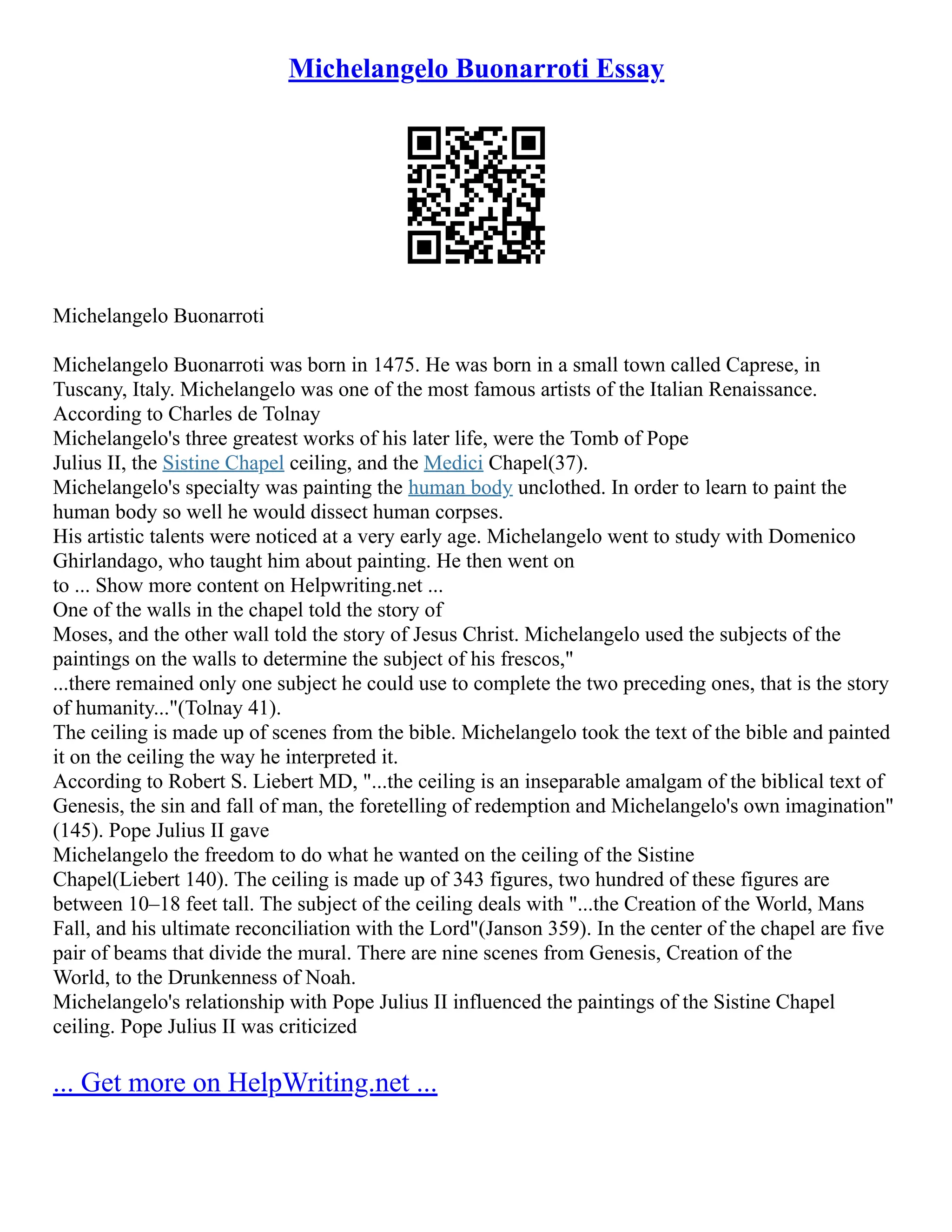 Michelangelo Buonarroti Essay | PDF