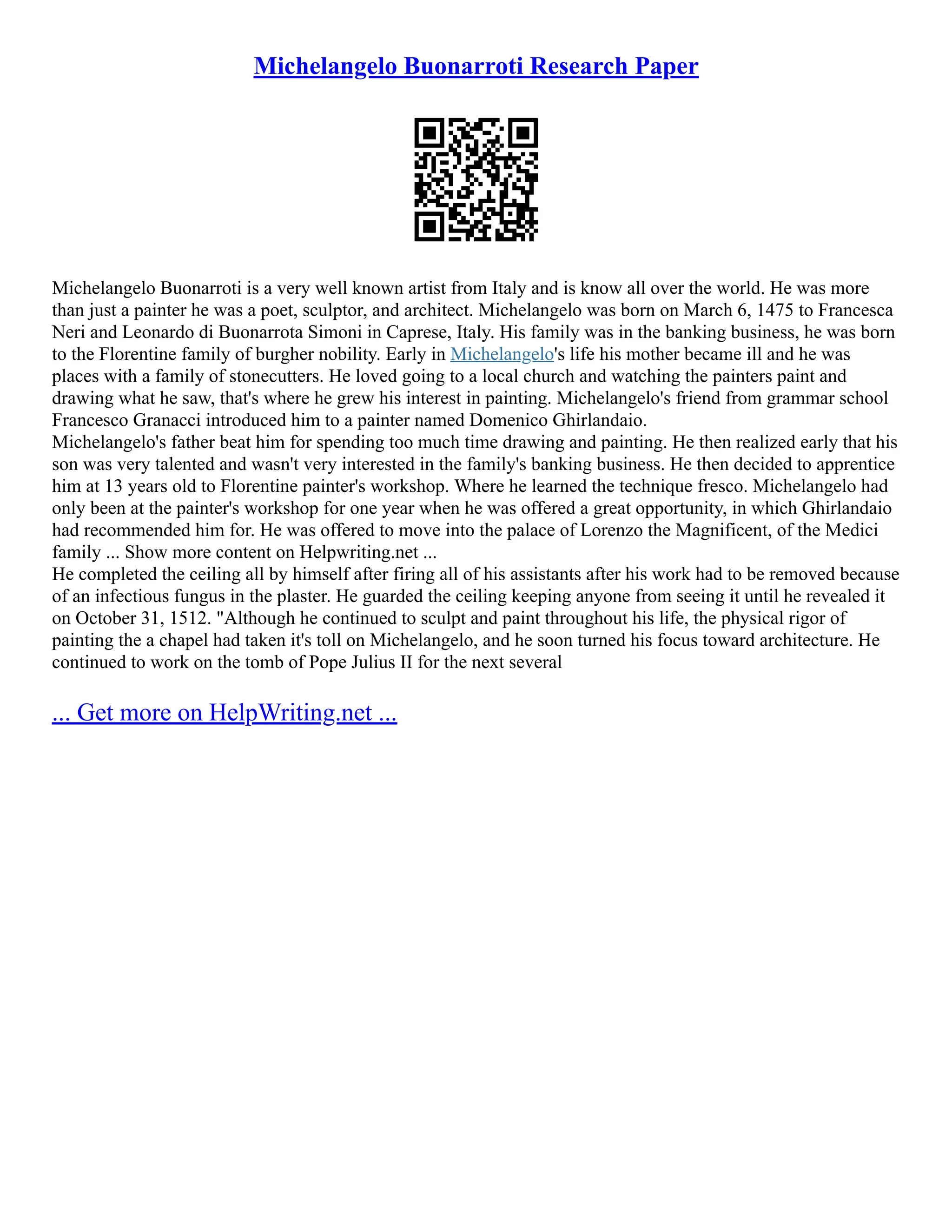 Michelangelo Buonarroti Research Paper | PDF