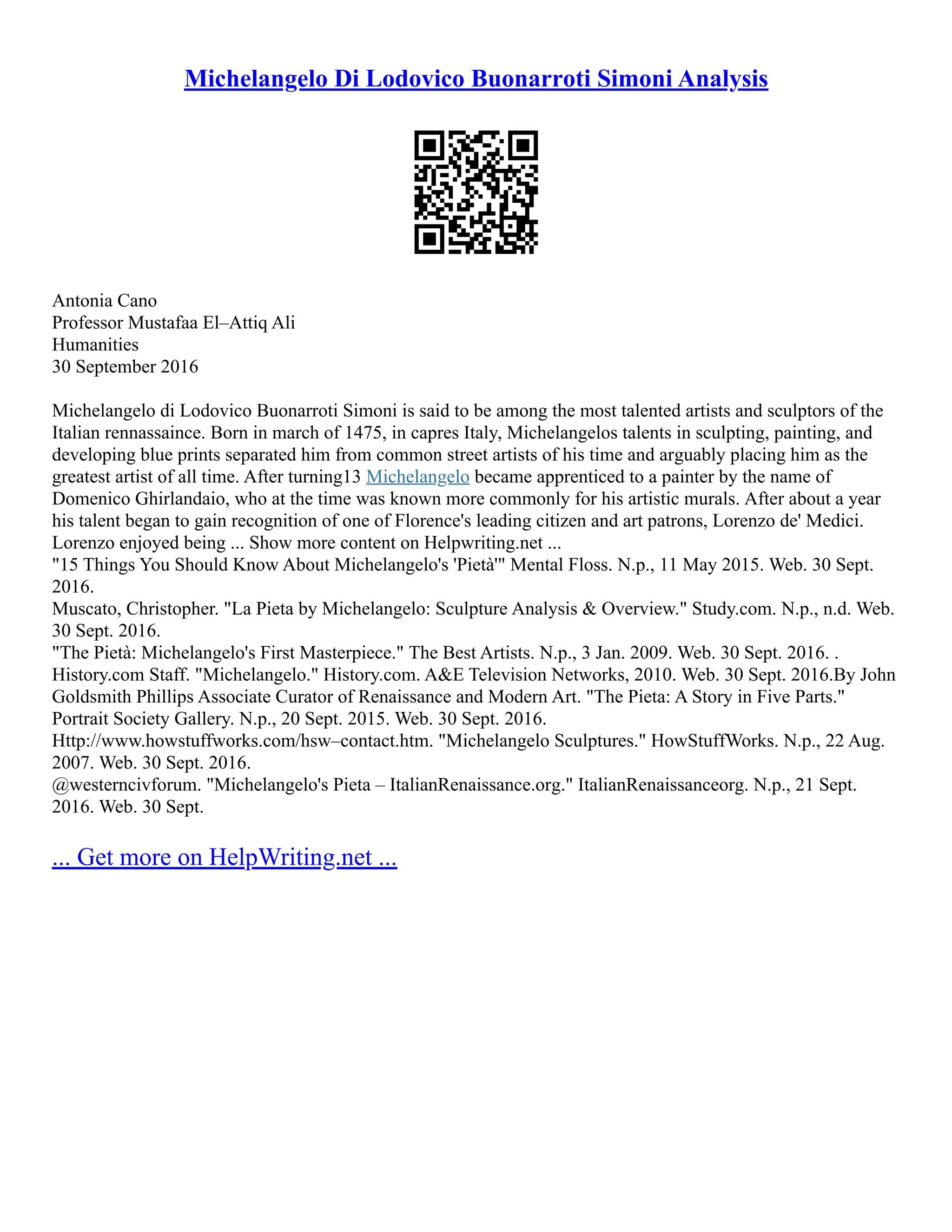 Michelangelo Buonarroti Research Paper | PDF