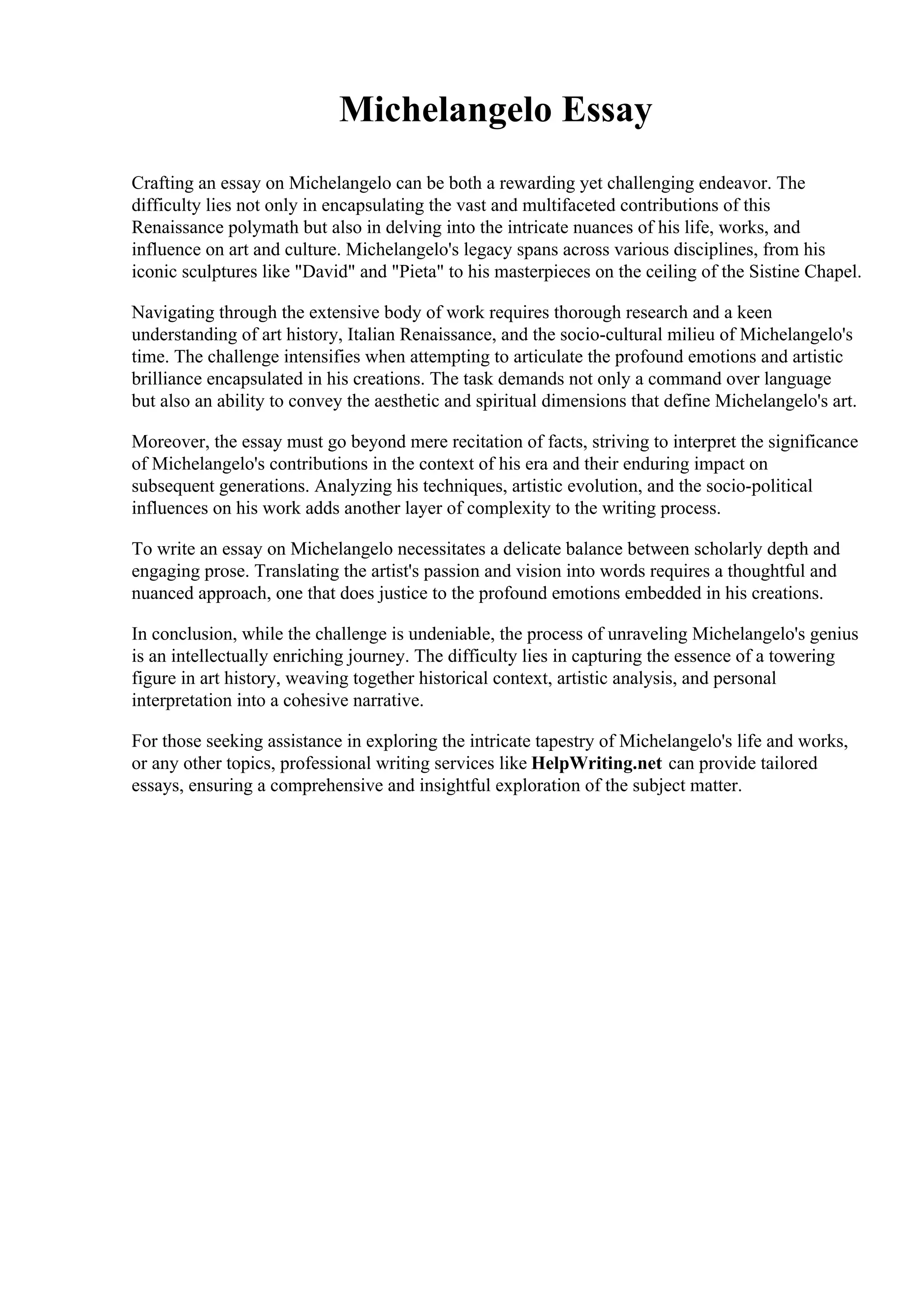 Michelangelo Essay. Kellogg Community College | PDF