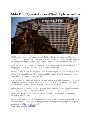 Michel khalaf appointed as a new ceo of a big insurance firm