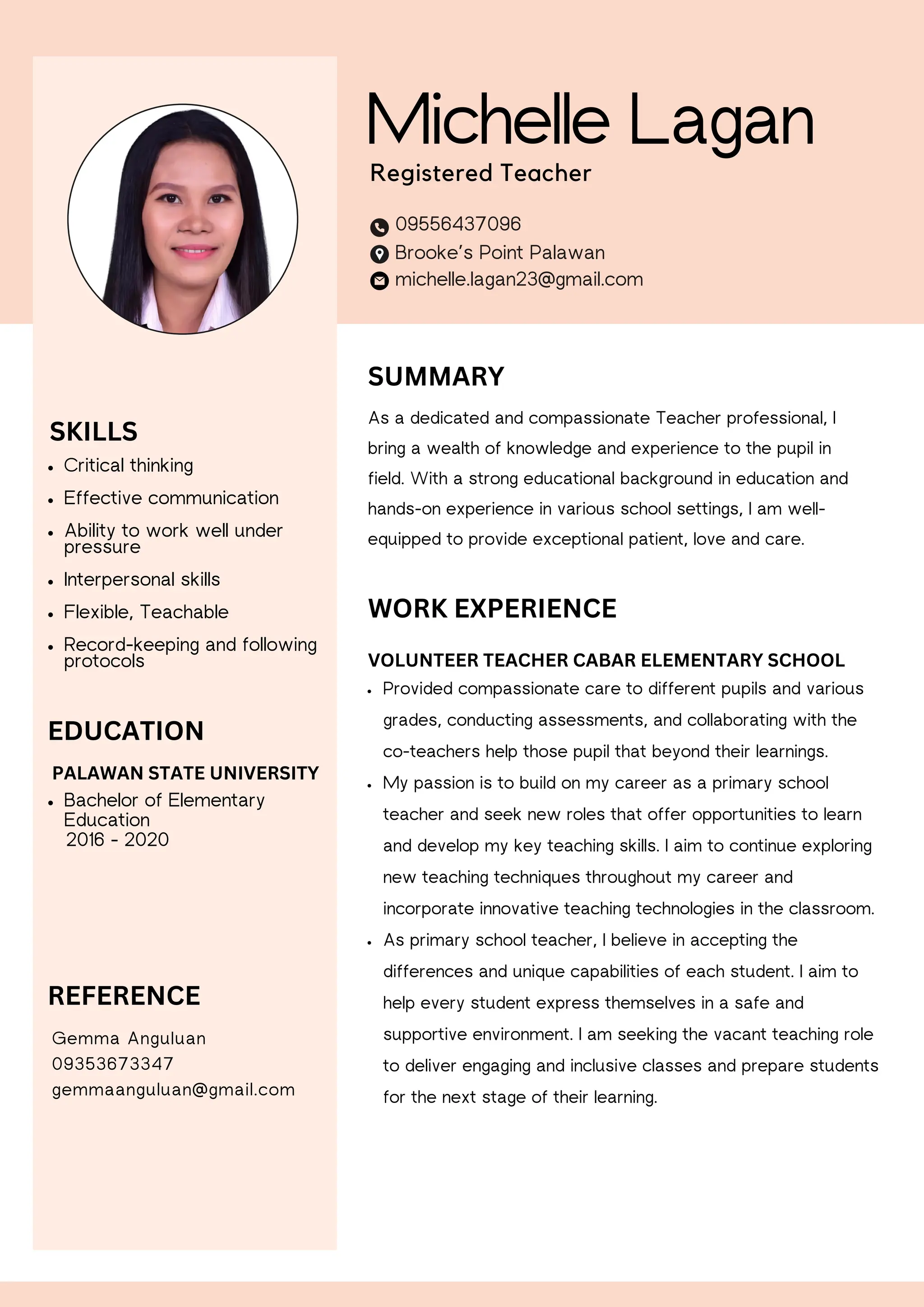 MY SAMPLE RESUME/ MICHELLE LAGAN | PDF | Primary Education | Education
