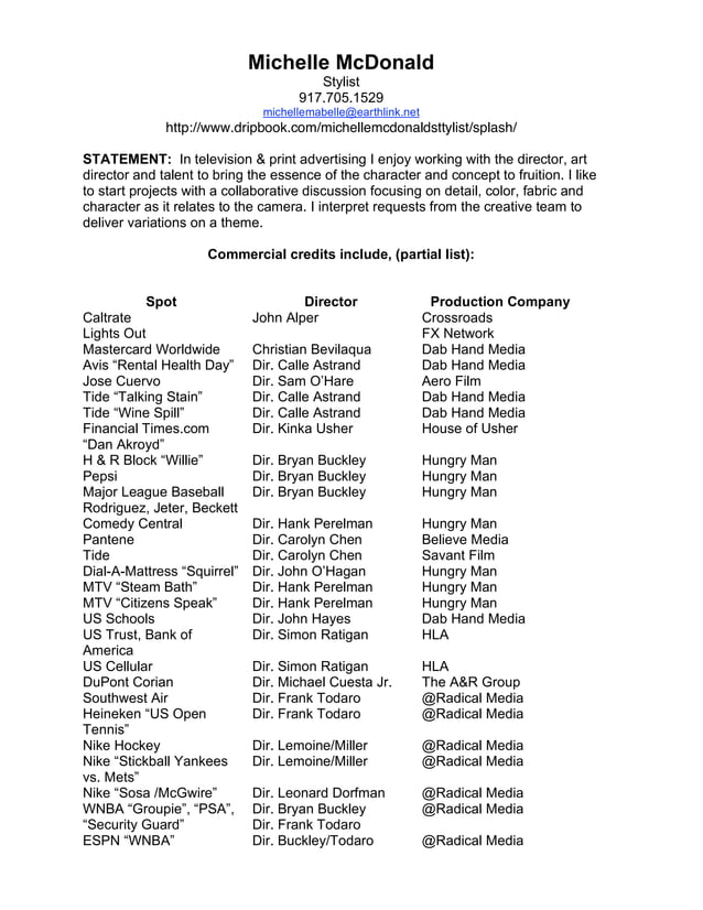 Michelle Mc Donald Resume 2010 | PDF | Television | Entertainment