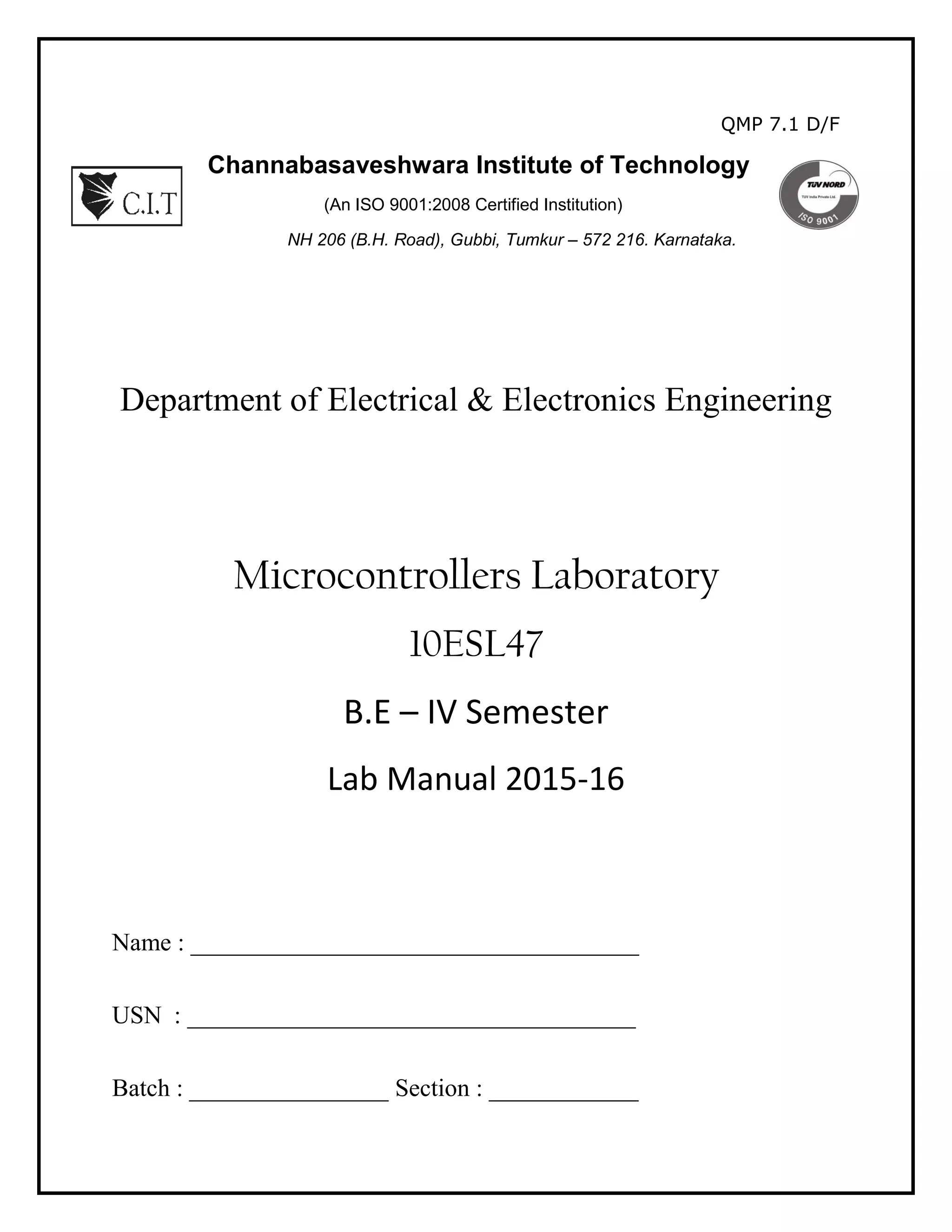 Micrcontroller iv sem lab manual | PDF